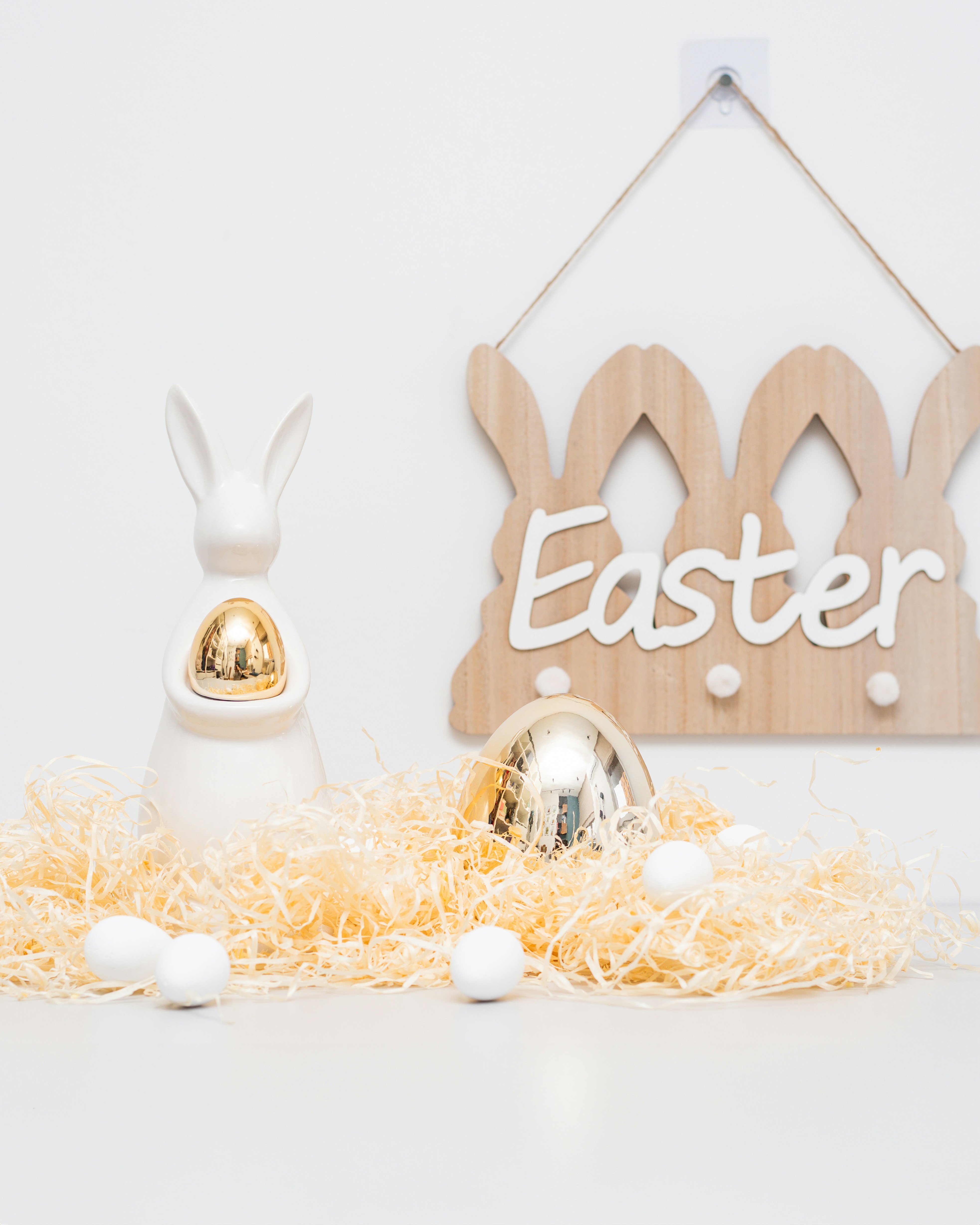 Pastel Easter Still Life: Bunny, Nest, and Wooden Sign