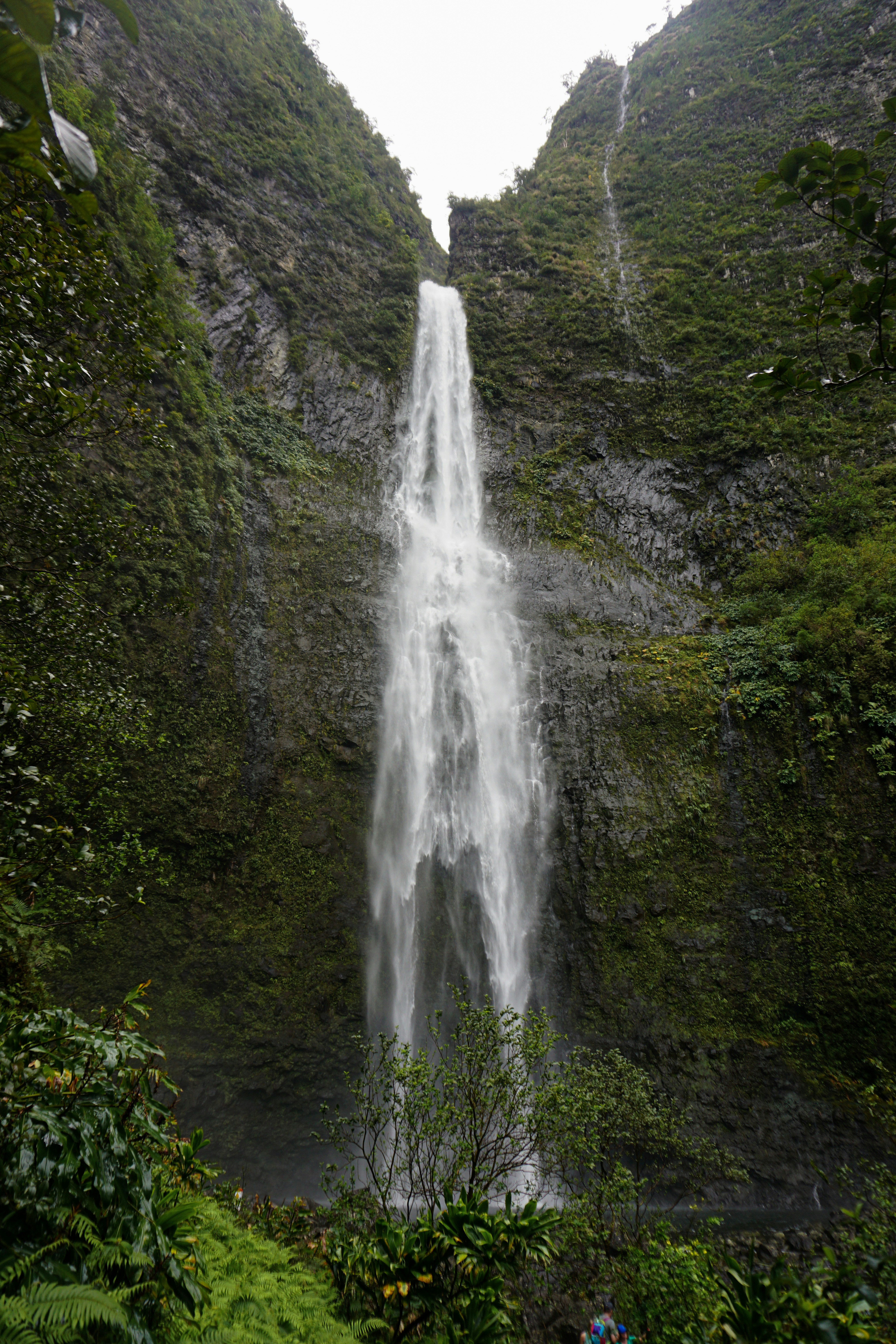 Majestic waterfall plunging down rocky cliffs, surrounded by lush greenery and mist. A serene natural landscape showcasing the power of water.