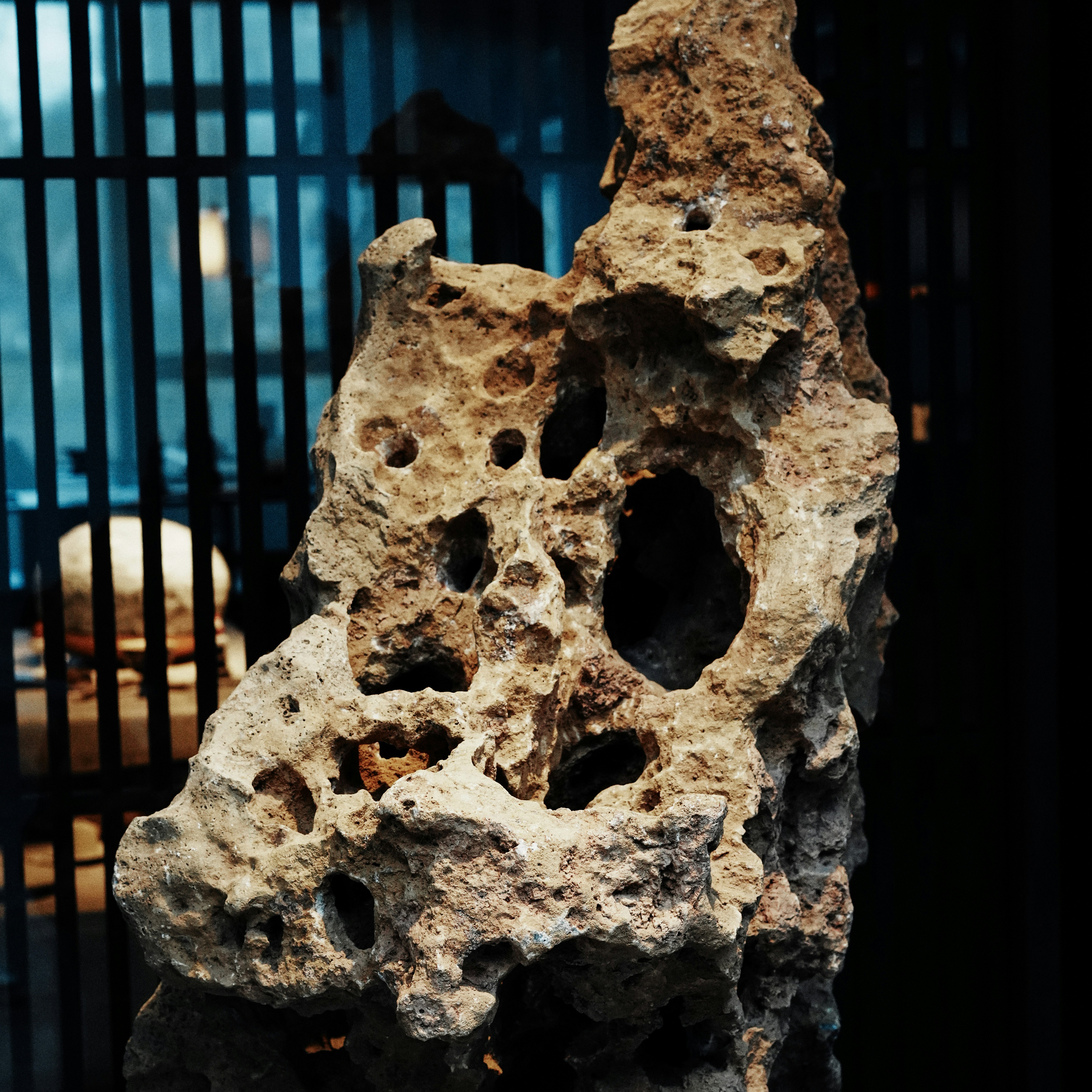 Porous Sentinel Framed by Night-Blue Bars