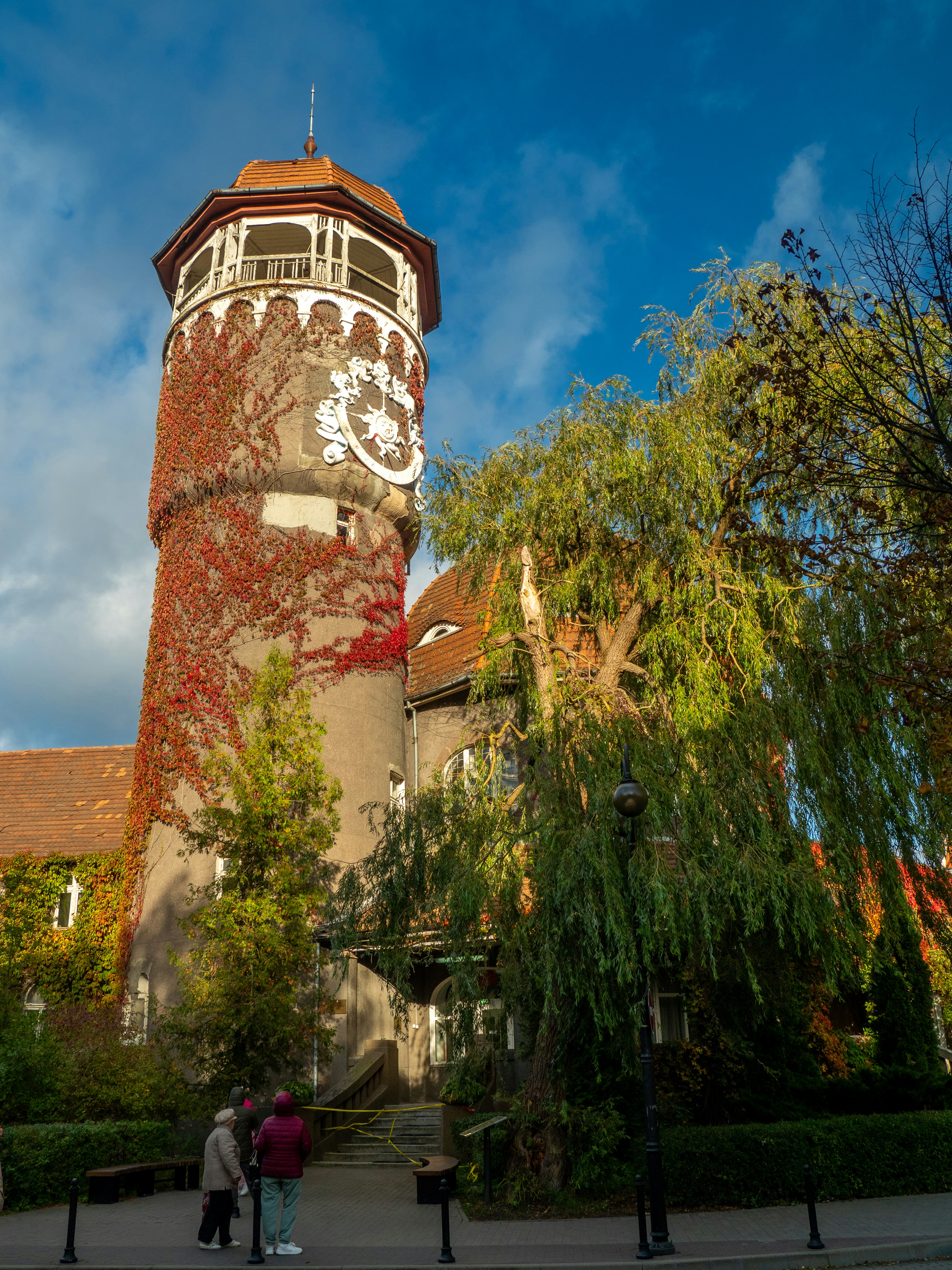 Ivy-Clad Clock Tower Reaching Toward a Blue Autumn Sky