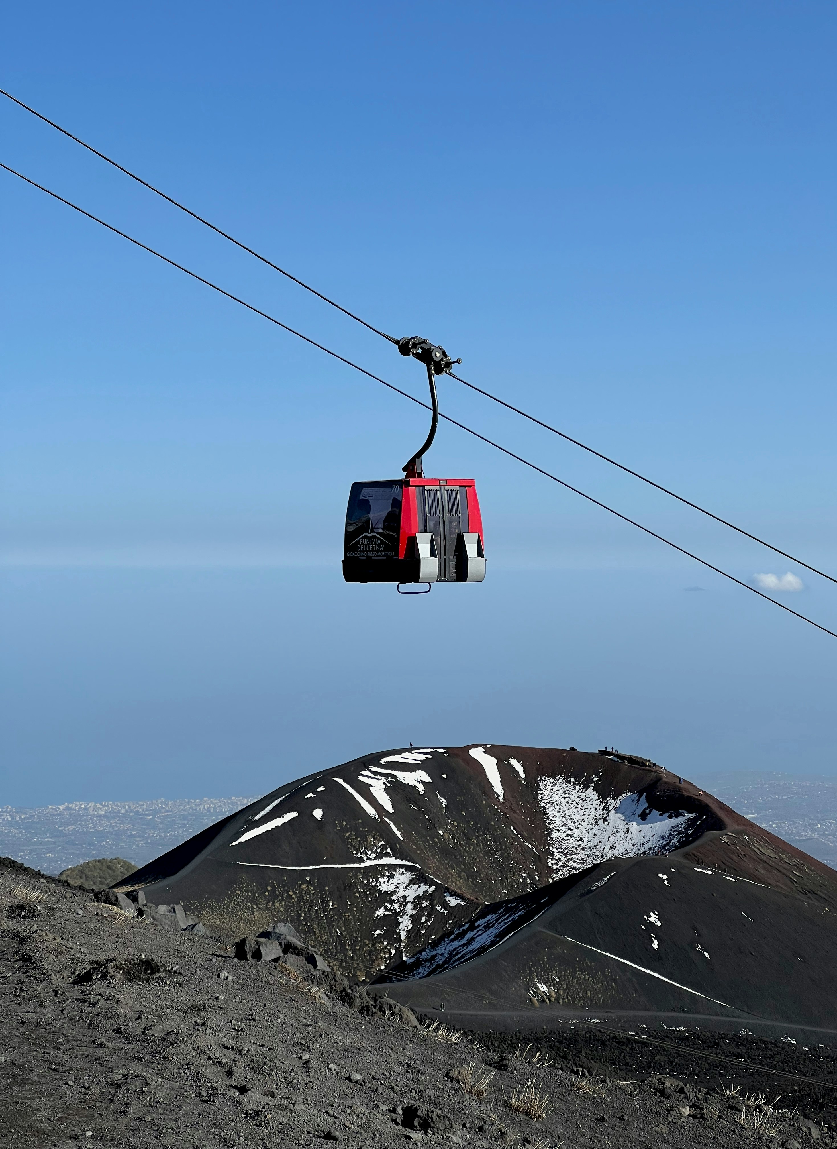 Red Gondola Above a Snow-Dusted Volcano Under a Pristine Blue Sky