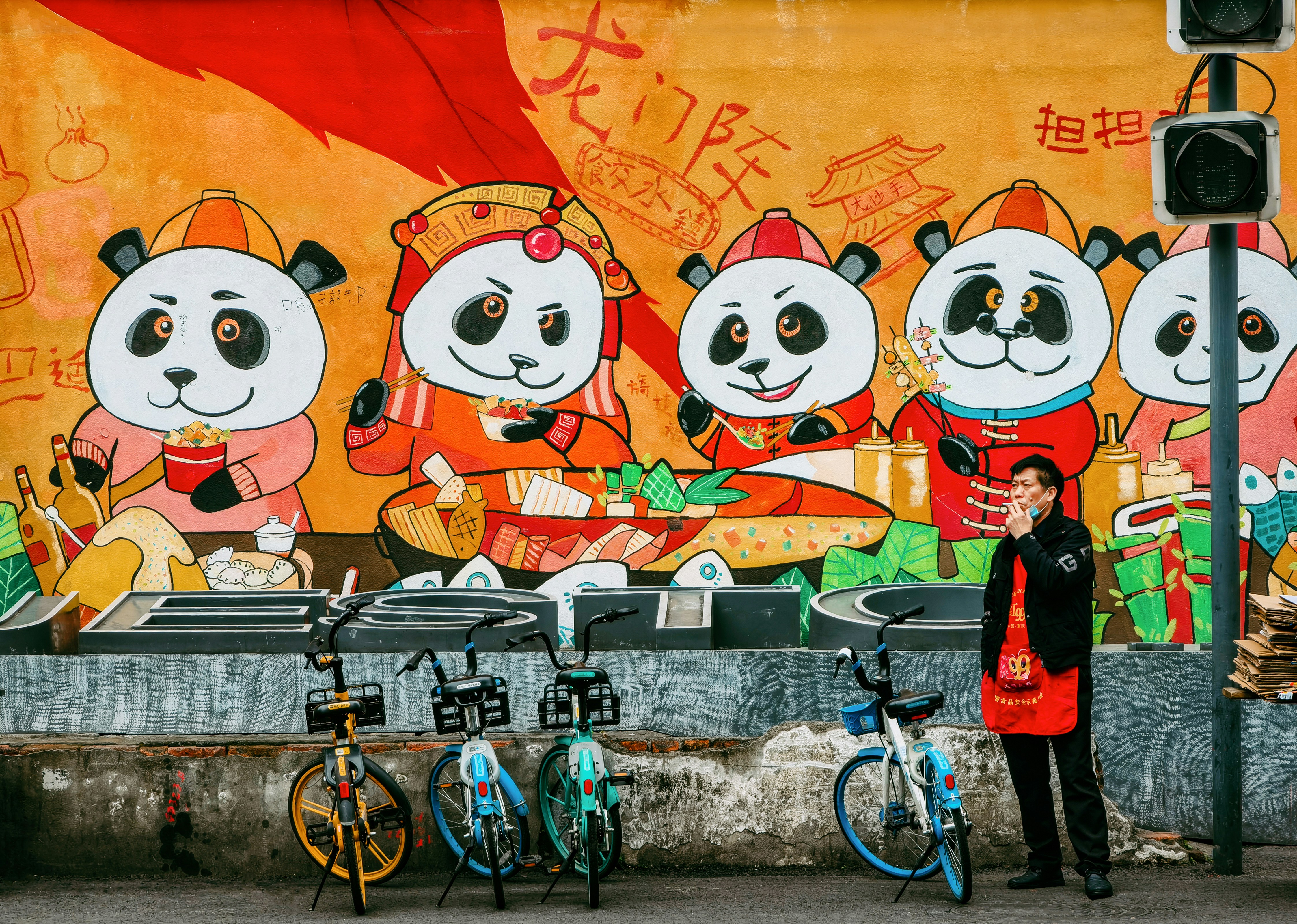 Red Apron in a Pandas Panorama: Street Mural by the Cycle Stand