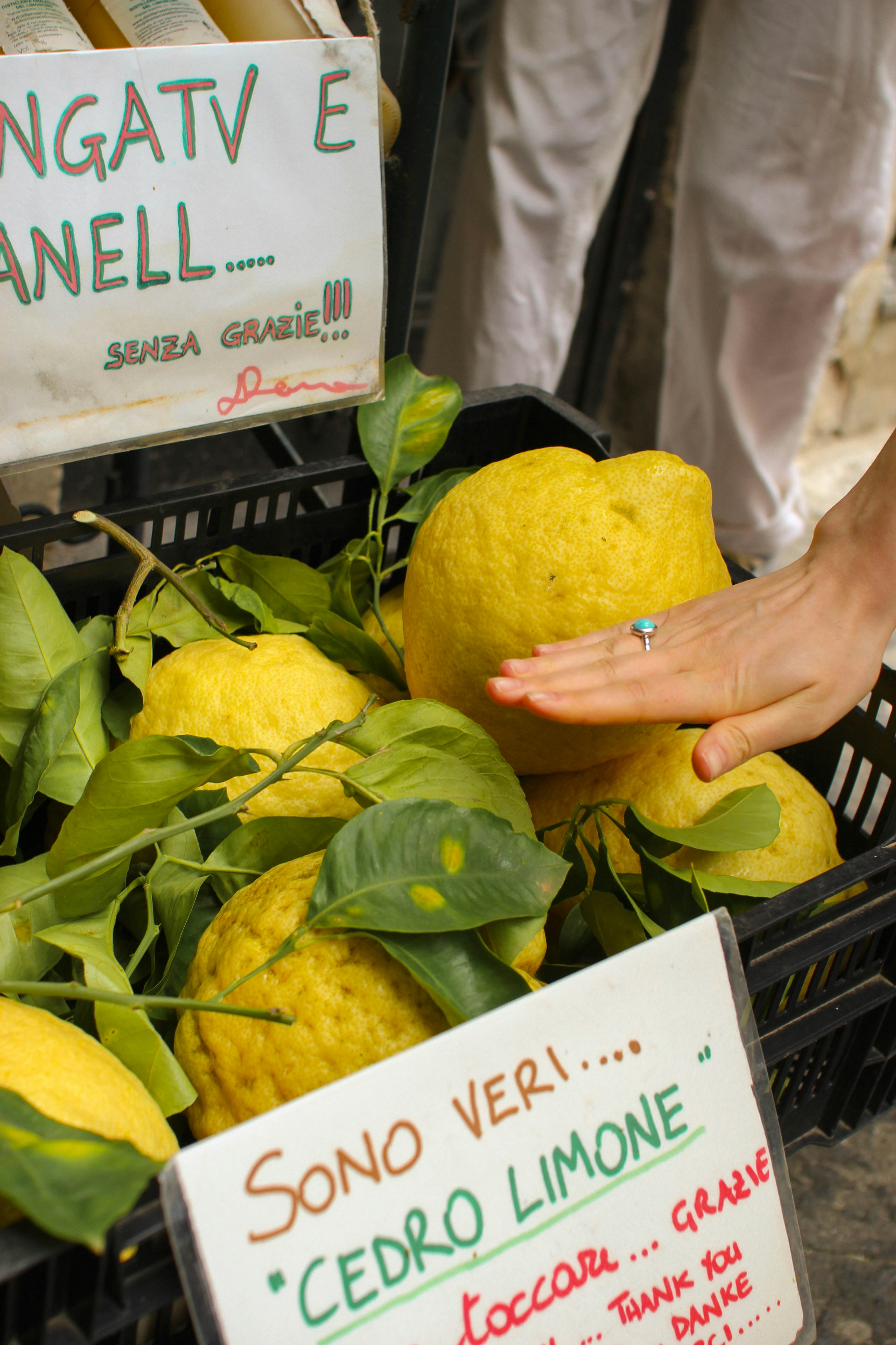 Lemon Moment: A Gentle Hand Presses Fruit in a Sunlit Market Crate