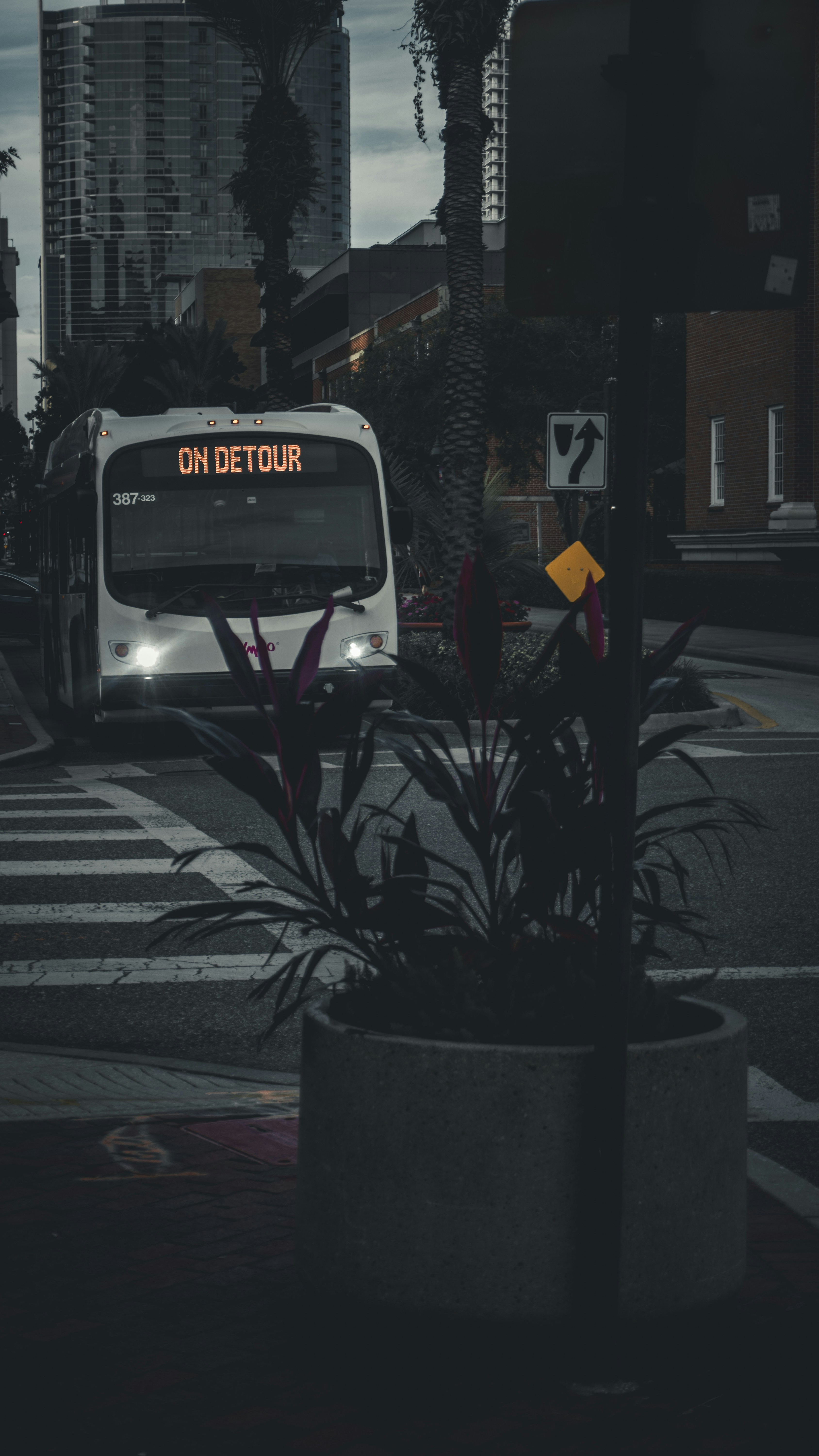 On Detour at Dusk: A City Bus Pierces the Urban Shadows