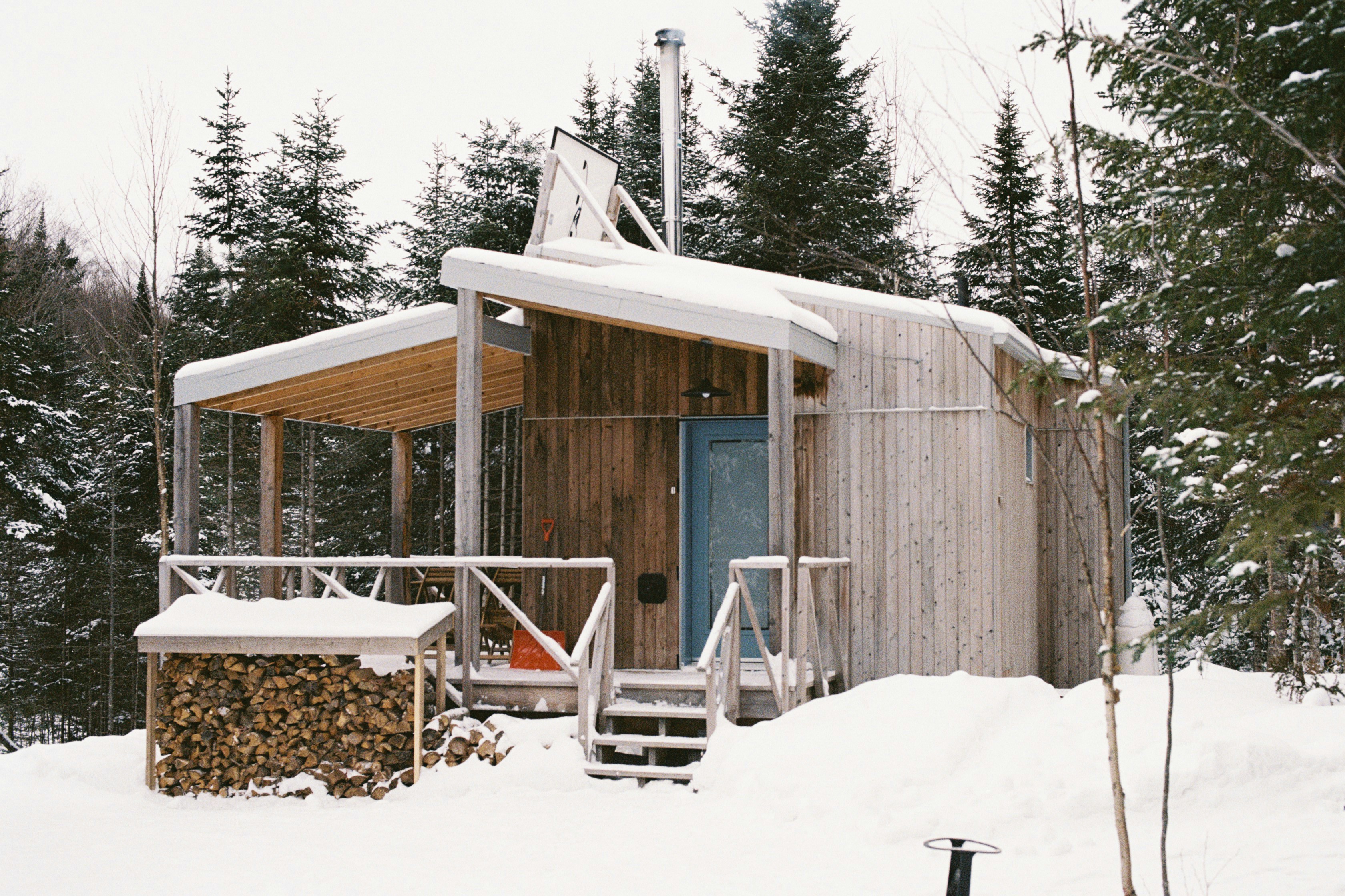 Blue Door in Snow: A Quiet Cabin Nestled Among Pines