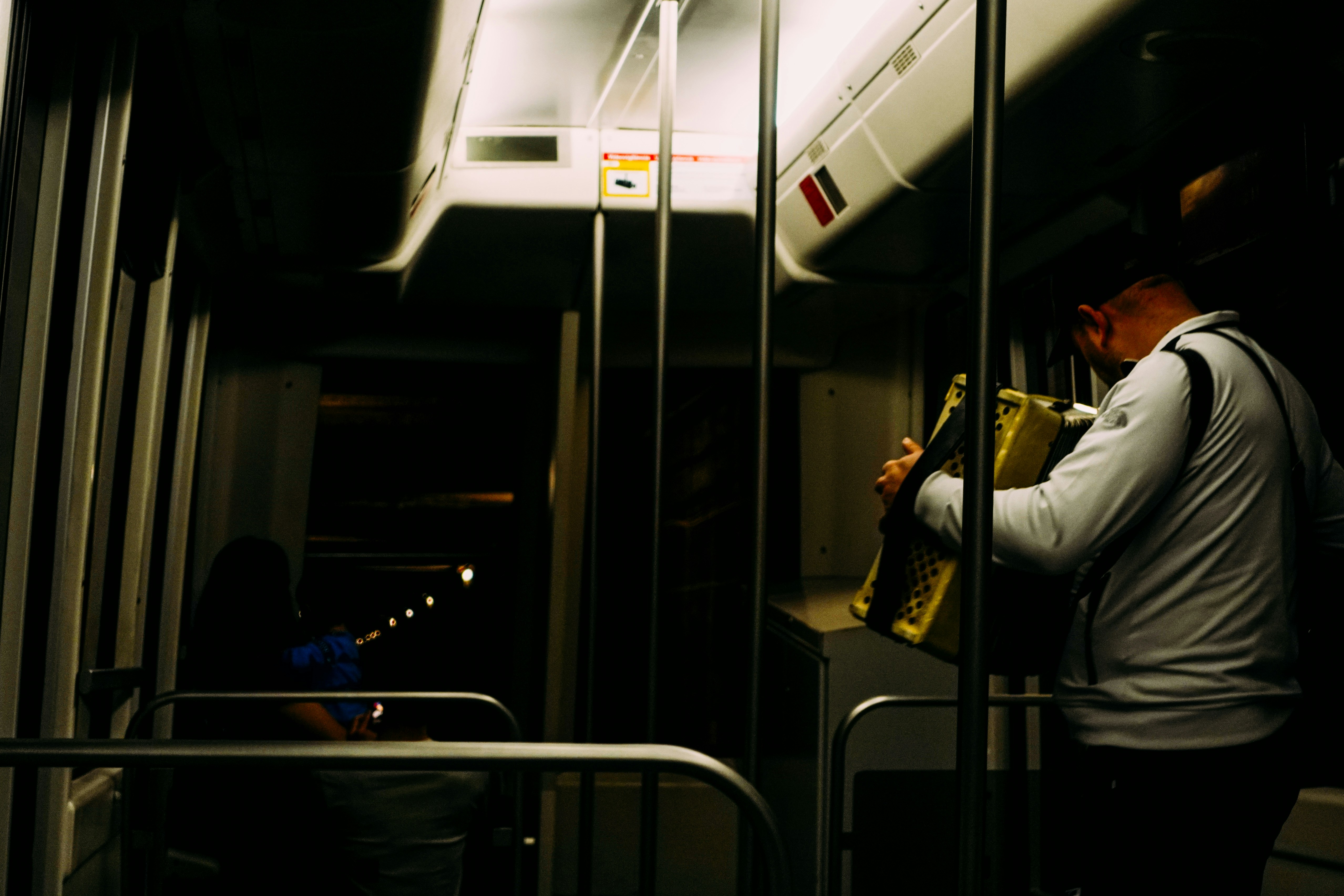 Dim Transit Serenade: Accordionist in a Night Train Car