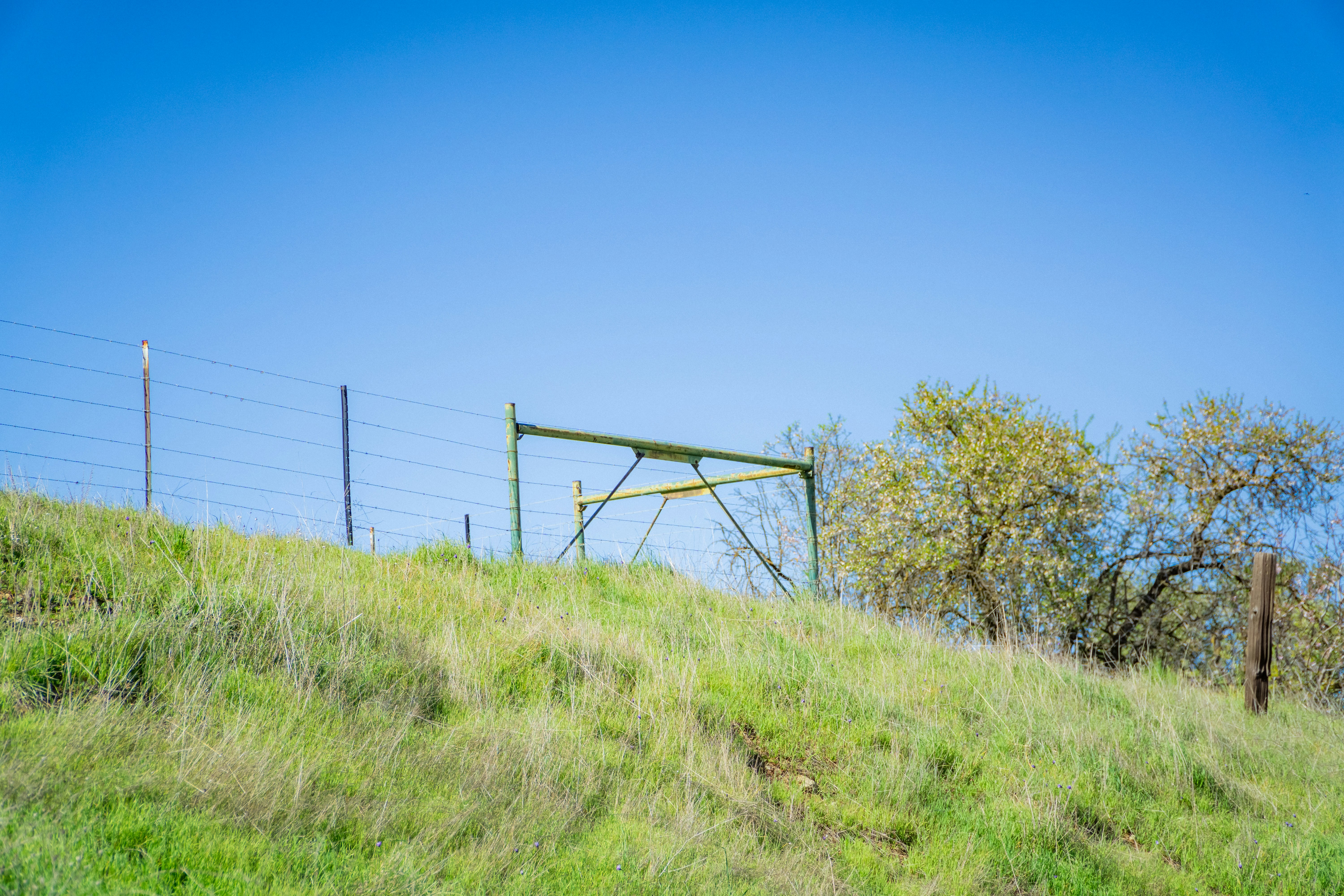 Hilltop Gate on a Crest: A Quiet Boundary under a Cerulean Sky