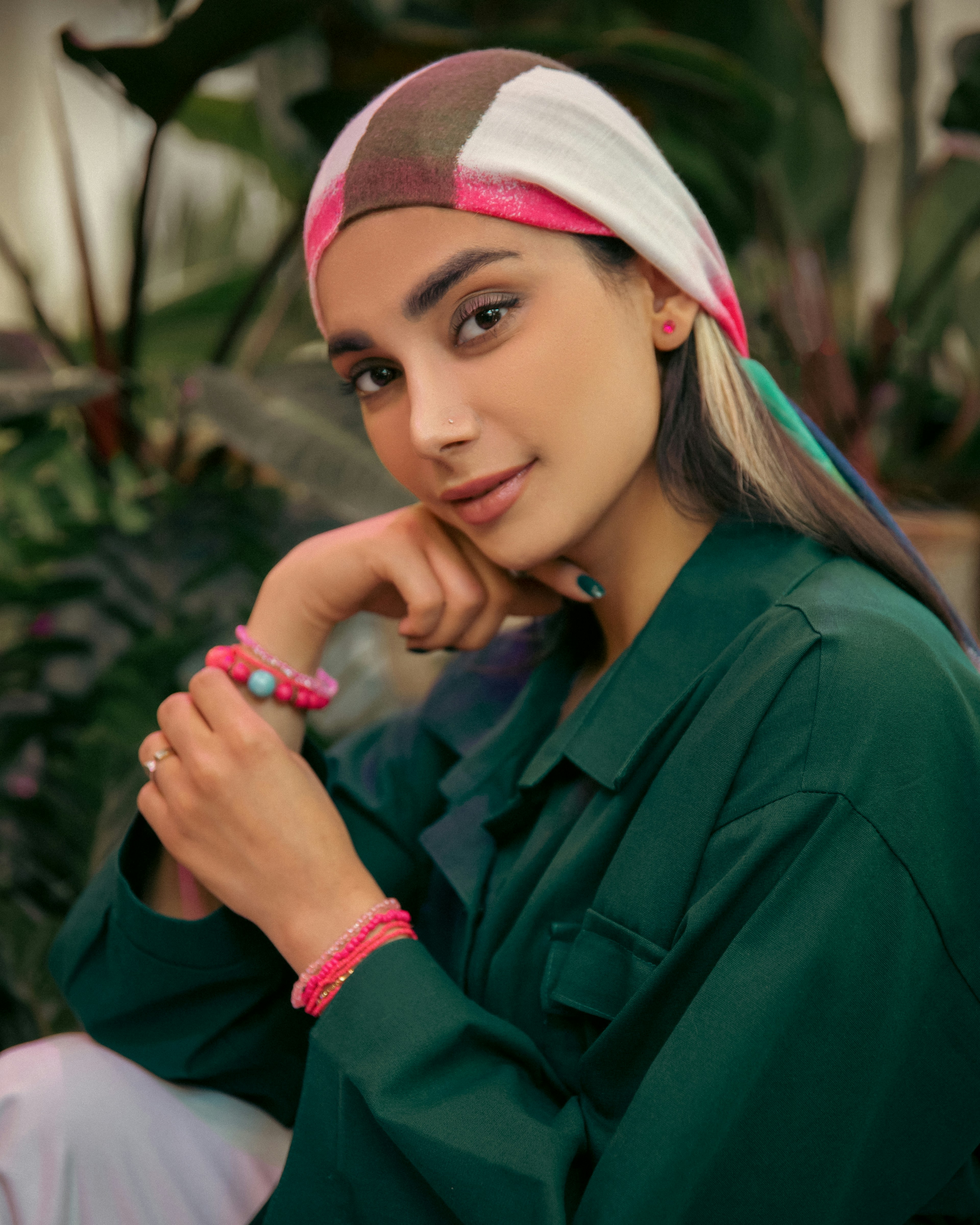 Verdant Gaze: Portrait of Confidence in a Colorful Headscarf