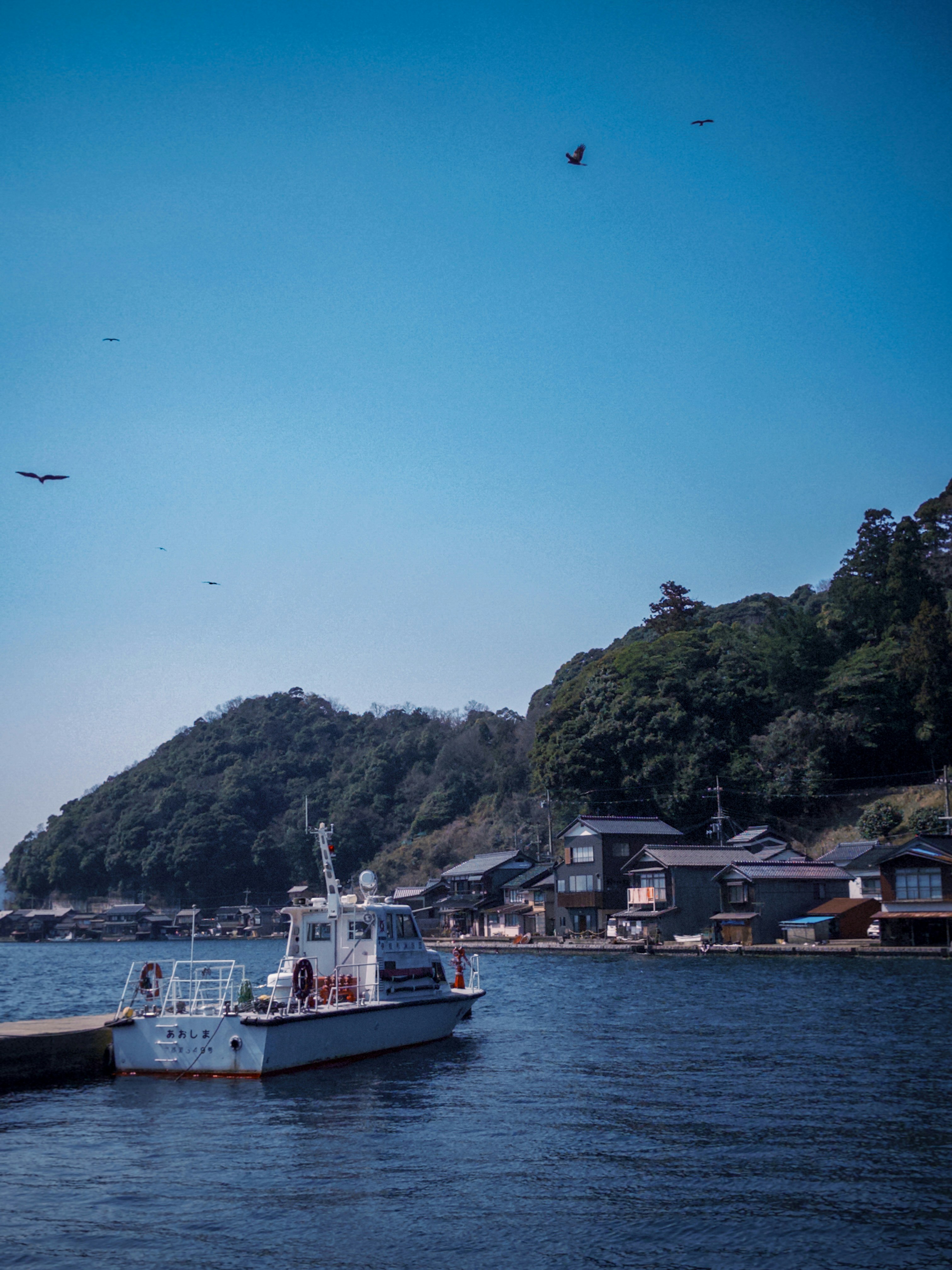 Dockside Quiet: A White Boat Anchored in a Hillside Harbor