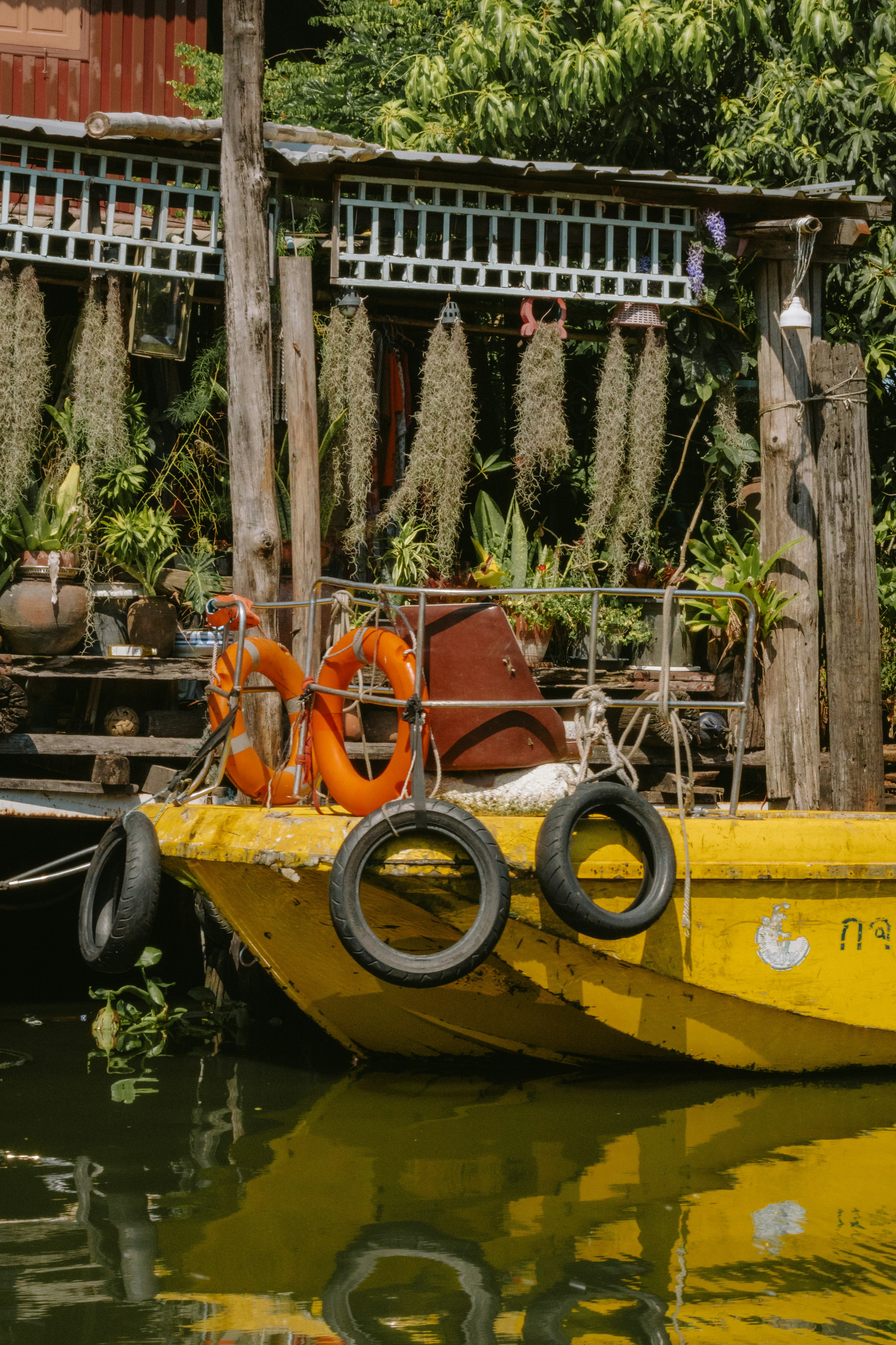 Sunlit Yellow Vessel Framed by Orange Lifebuoys and Verdant Drapes