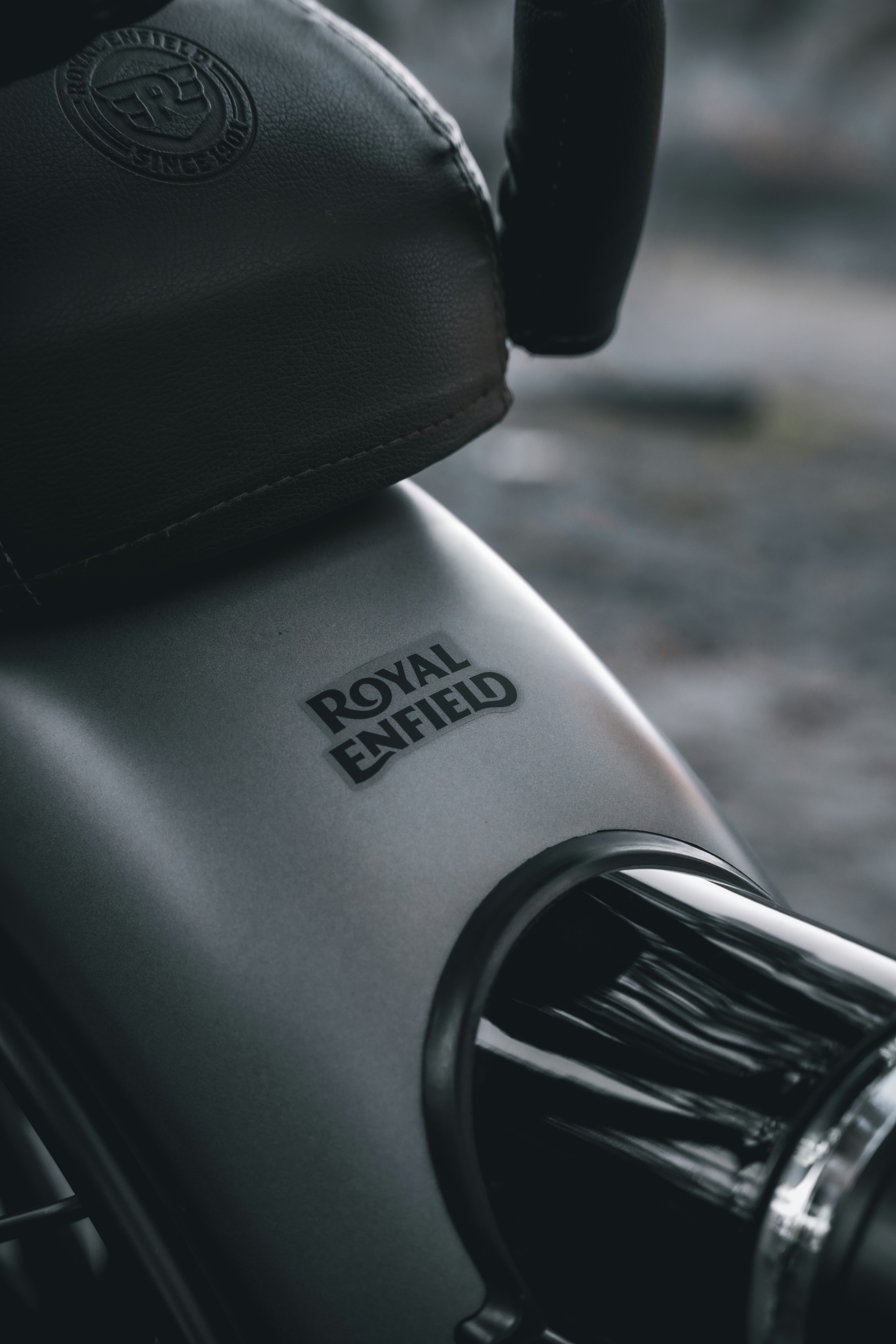 Royal Enfield Detail: Close-up of the emblem on a matte motorcycle tank
