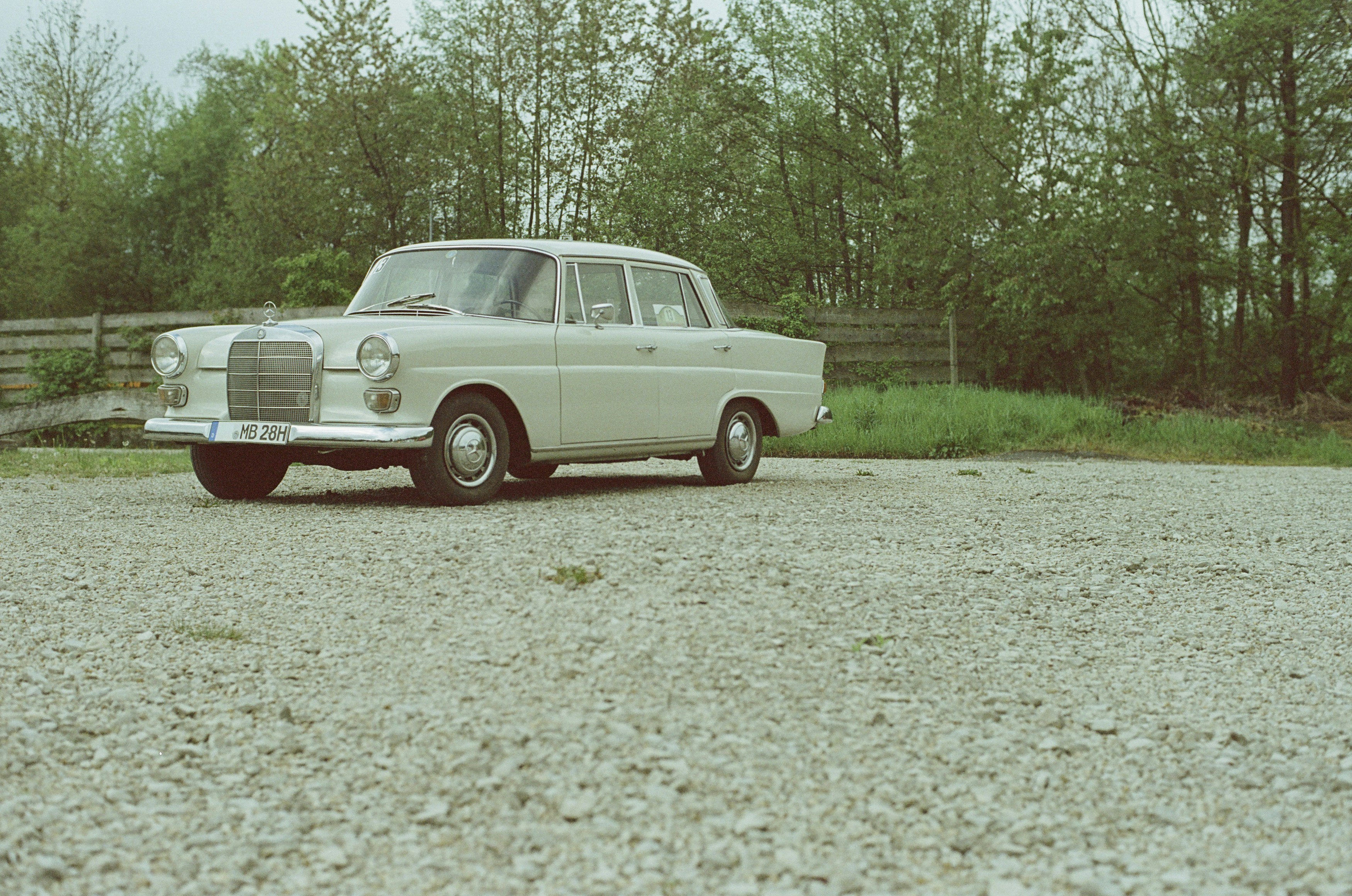 Vintage white Mercedes-Benz sedan parked on a gravel surface with lush greenery in the background.