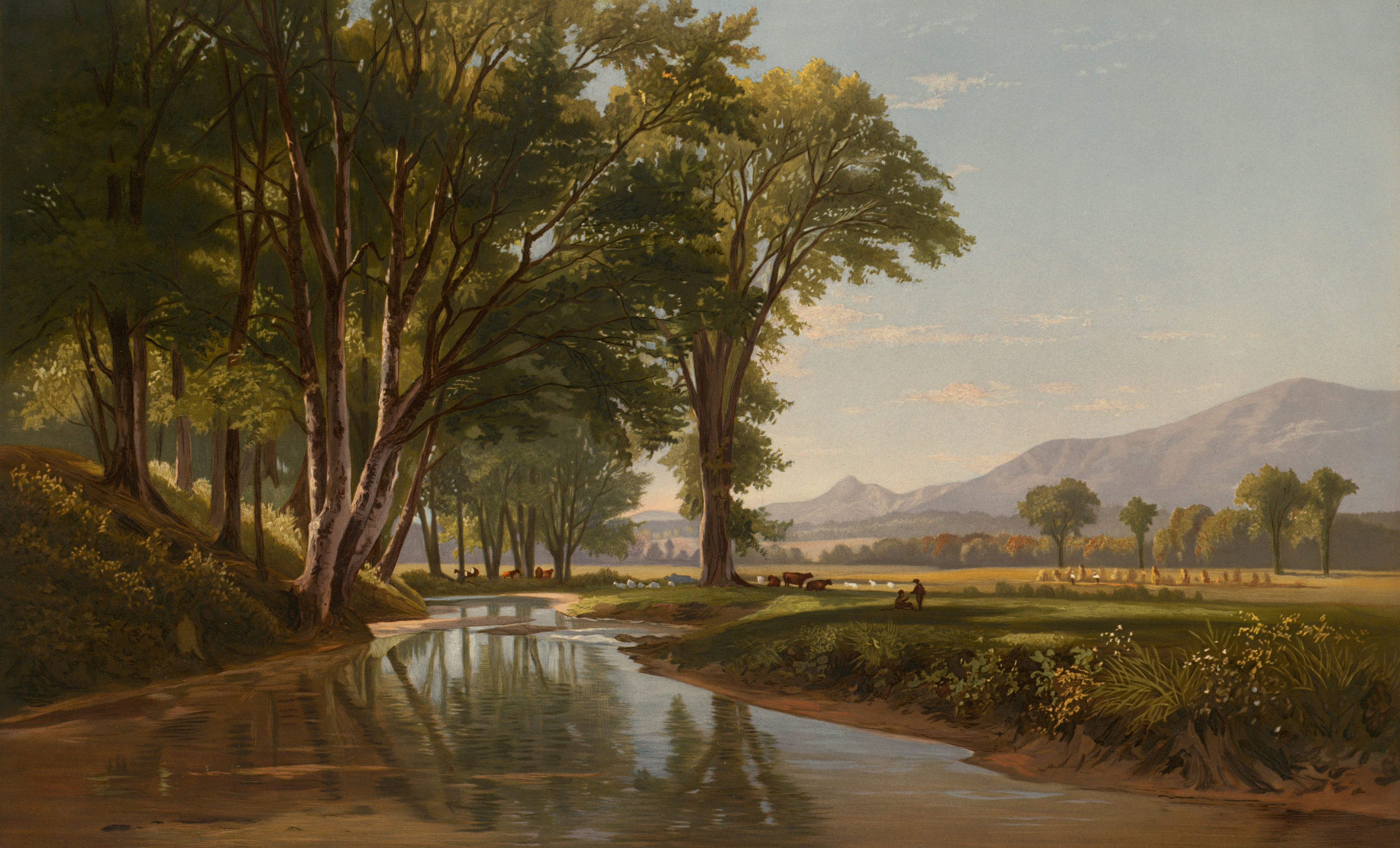 Title: Artist's Brook, Conway meadows, Chocorua in distance, Moar Mountain on right Artist: Champney, Benjamin, 1817-1907 Publisher: L. Prang & Co. Name on Item: B. Champney 1871 Date: 1871 https://www.digitalcommonwealth.org/search/commonwealth:vq27zp38c