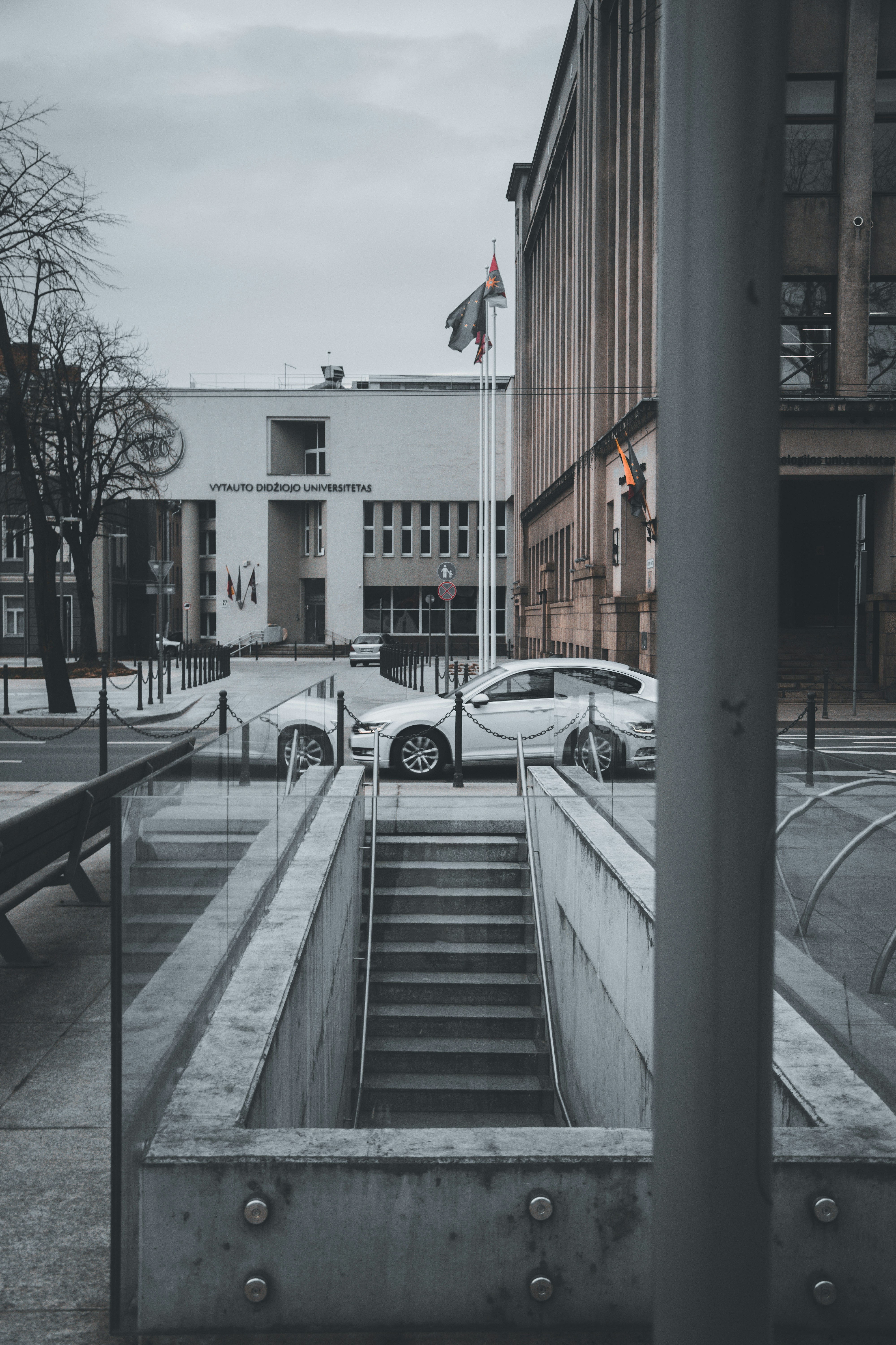 Monochrome Campus Moment: White Car Framed Between Stairs and Flagpoles