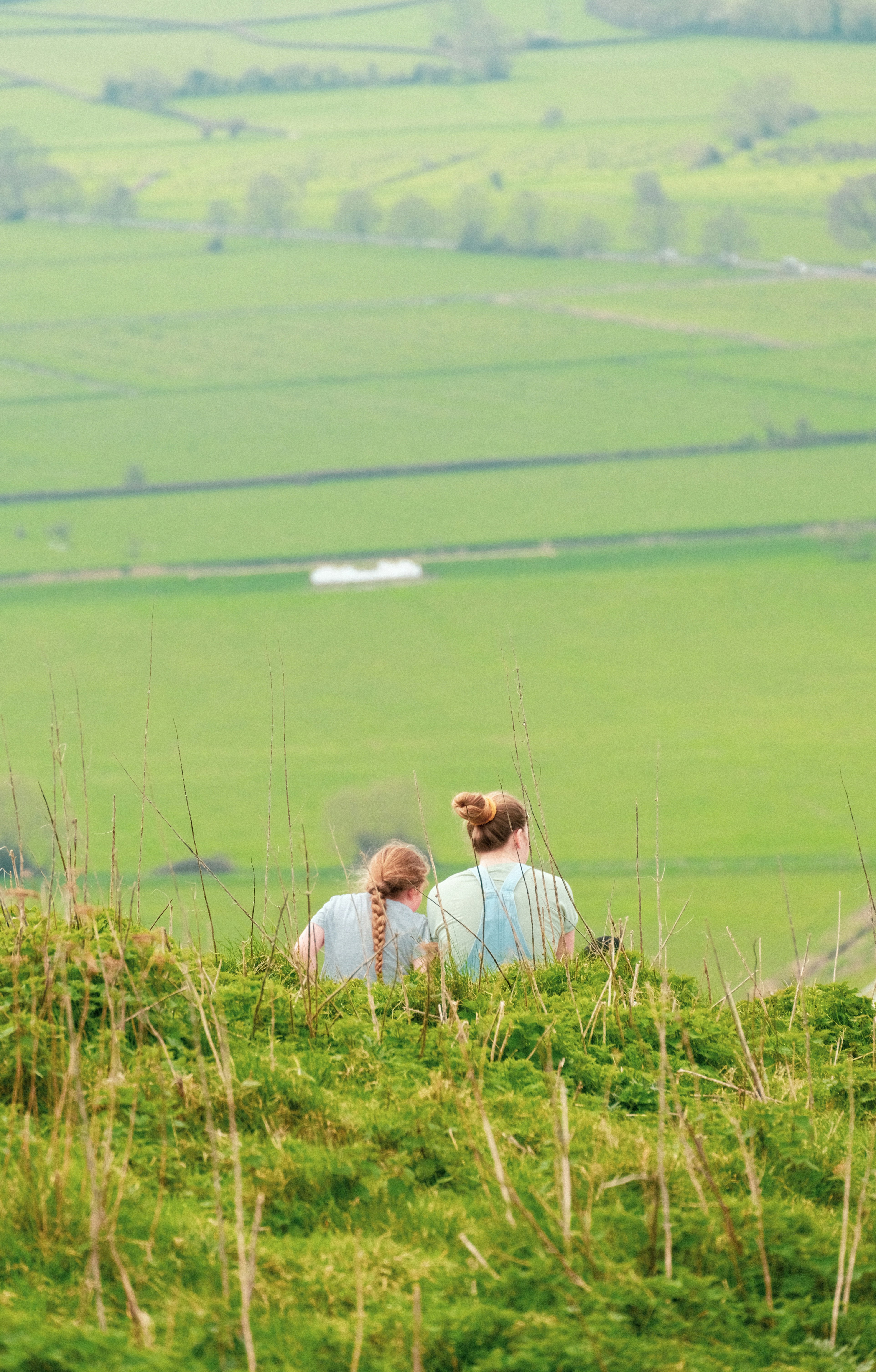 Distant Patchwork: Two Figures Rest on a Green Hillside