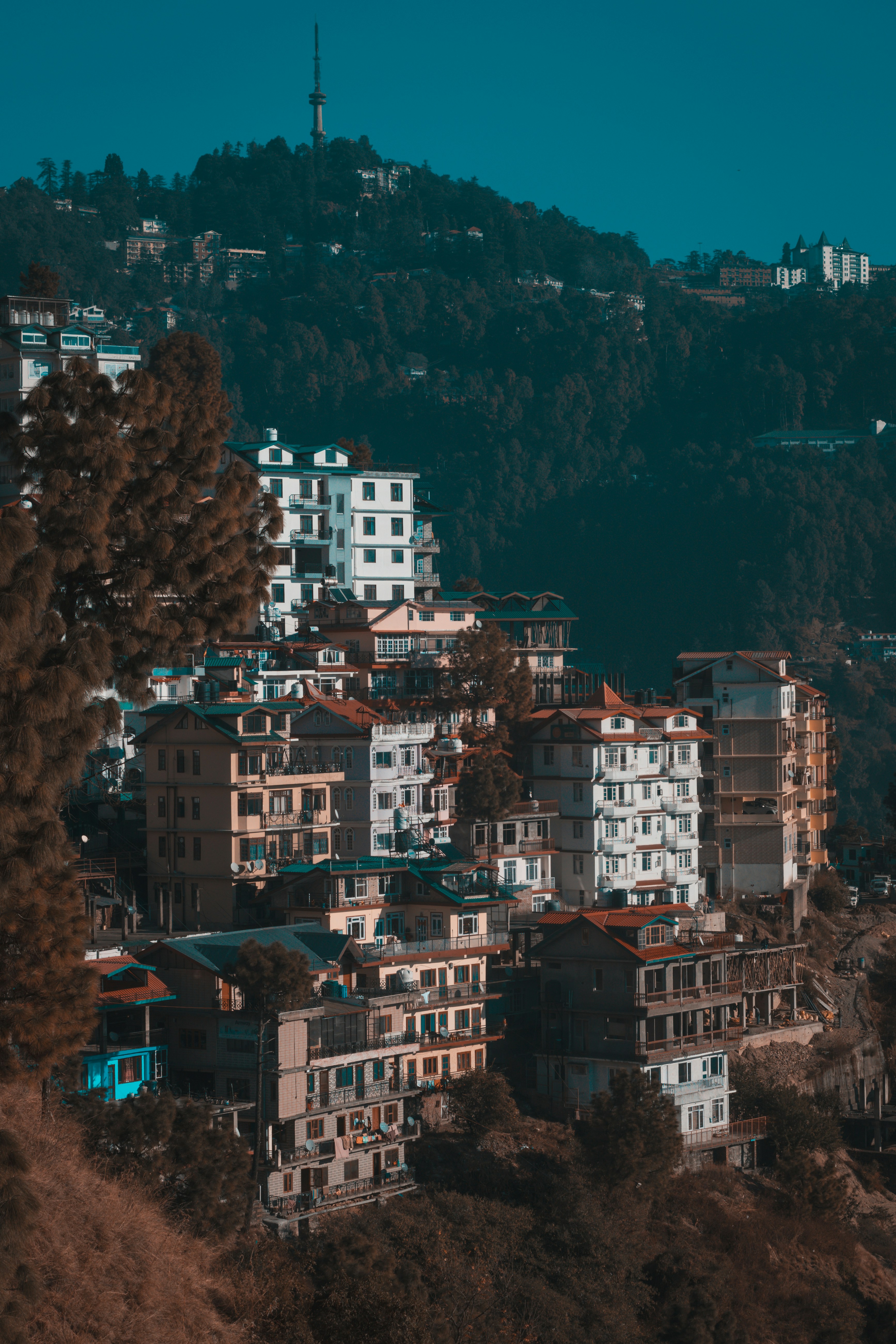 A view of a city with a mountain in the background photo – Free Shimla ...