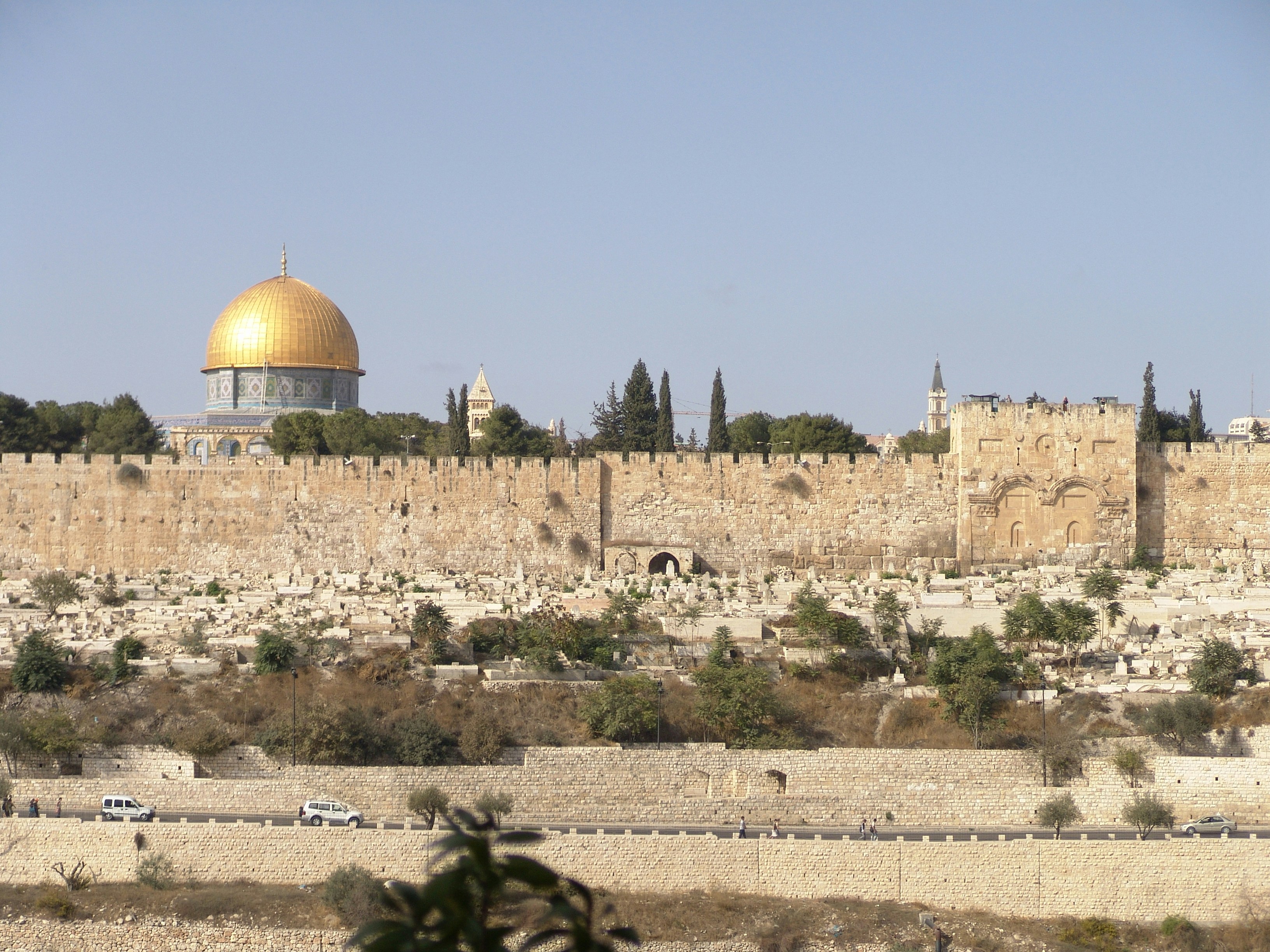 Historic cityscape featuring the iconic Dome of the Rock amidst ancient walls and olive trees. The scene captures a blend of cultural heritage and natural beauty.