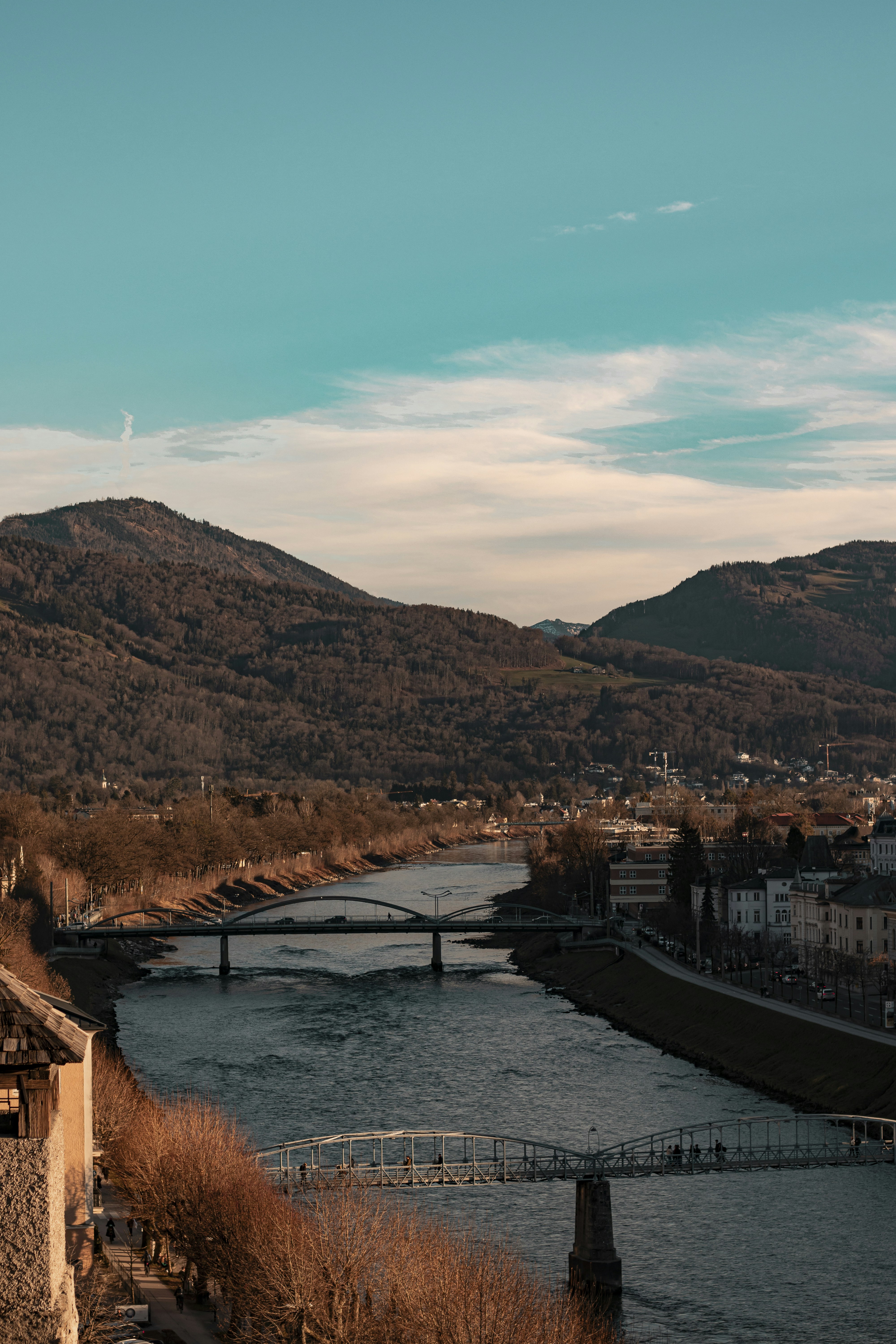 Teal Sky, River Bridges: A Quiet Town Between Hills