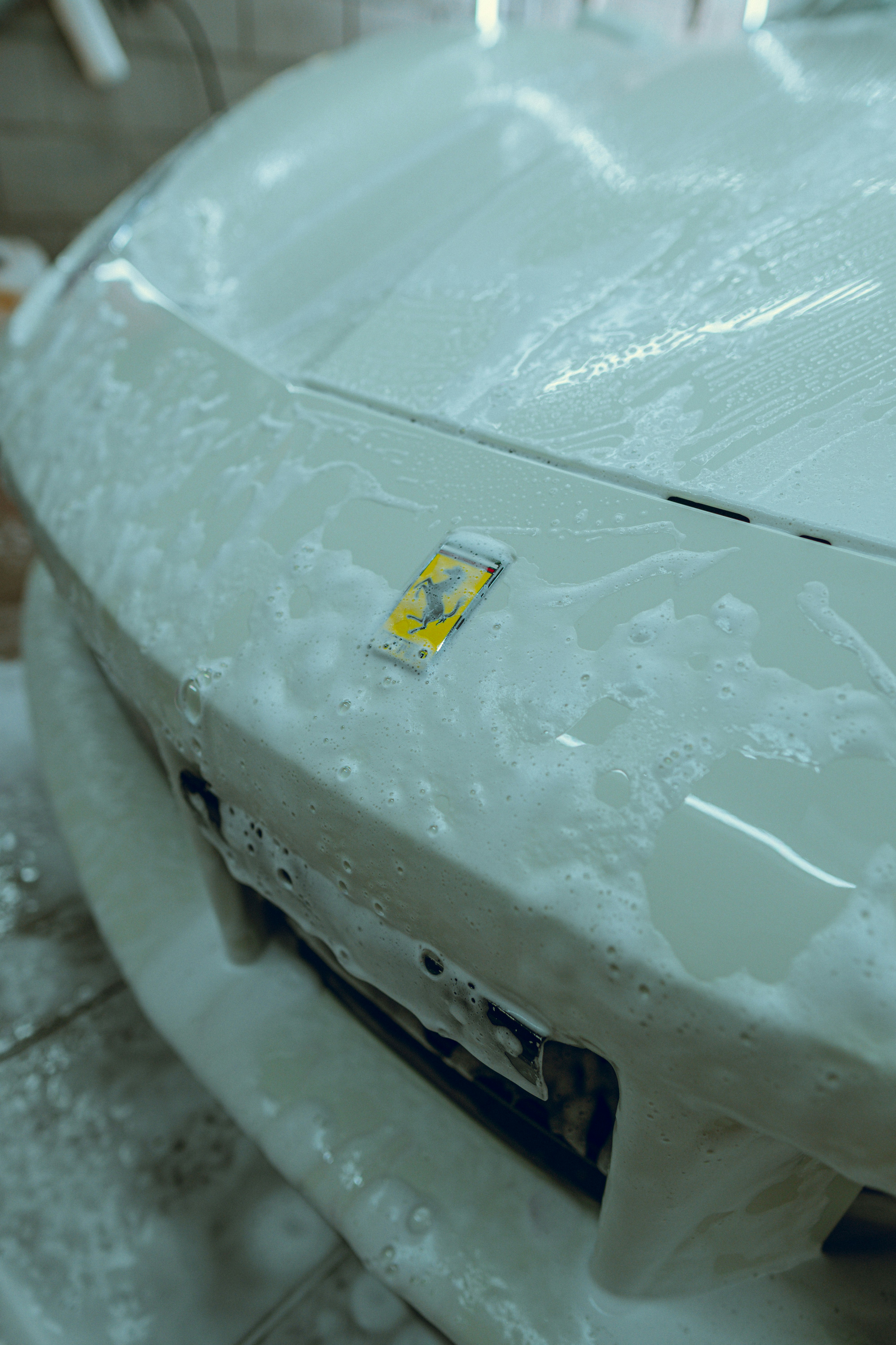 Foamy Front: A Ferrari Badge Emerges from Soapy Glint