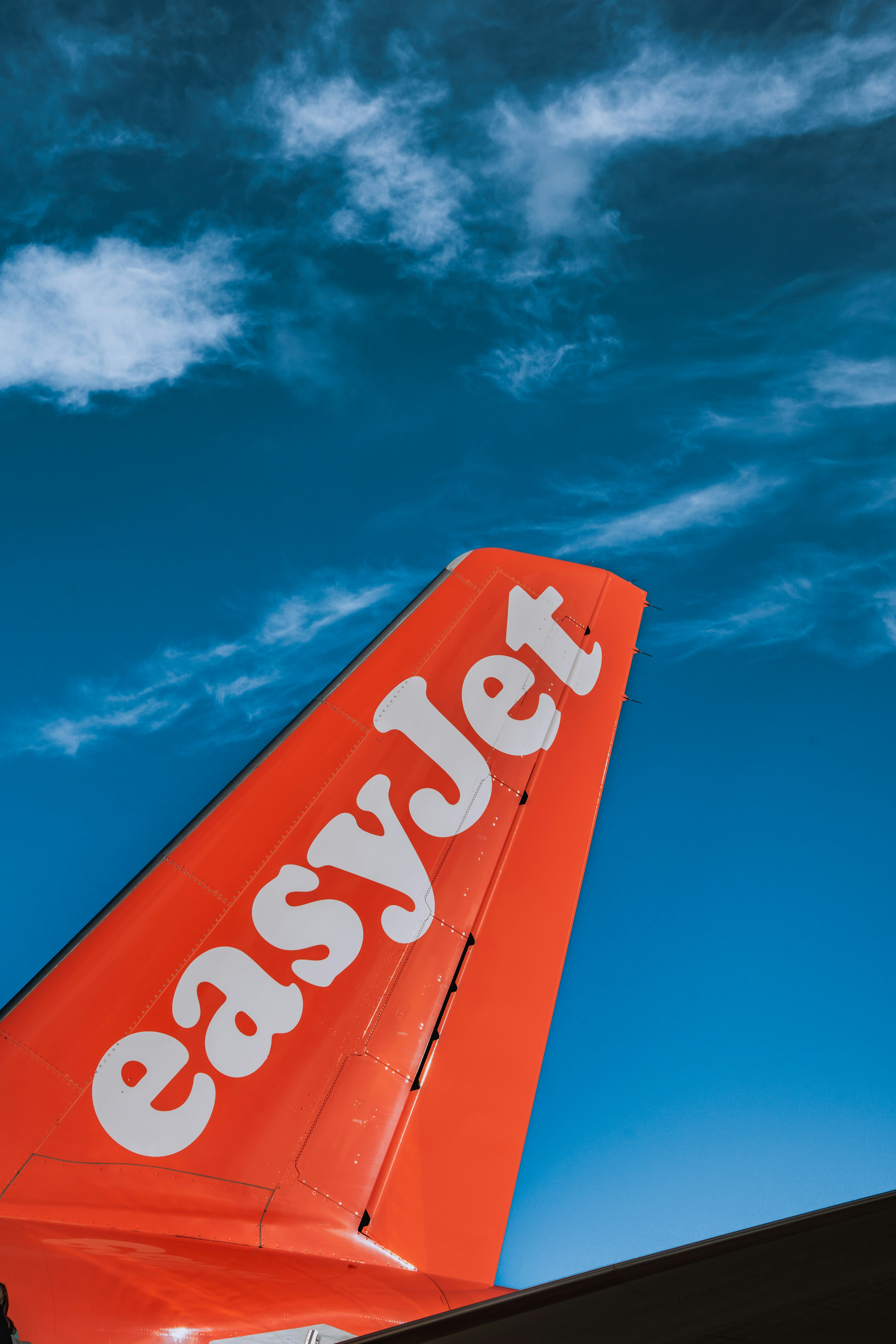 The tail end of an easyjet airplane against a blue sky photo – Free Uk ...