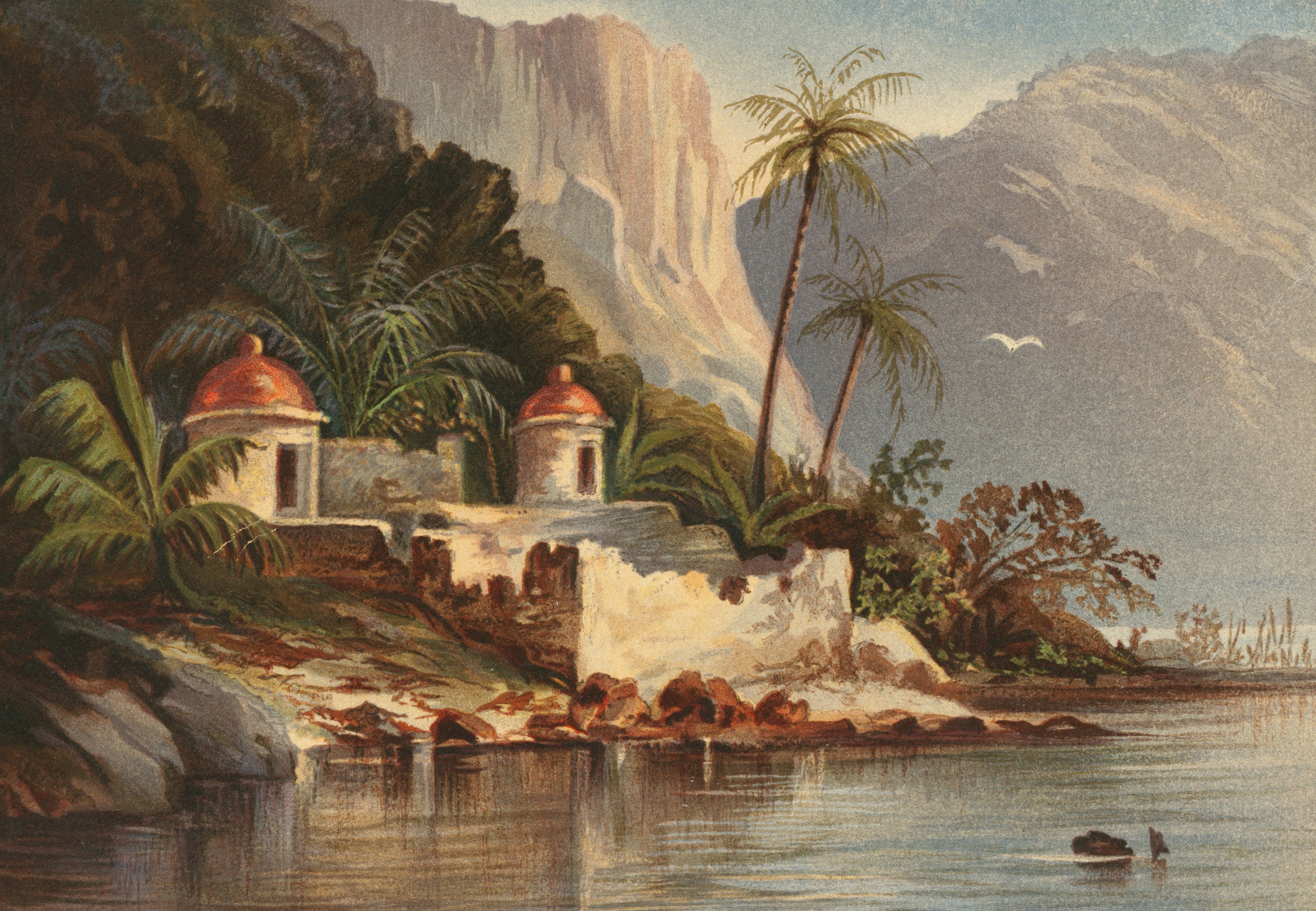 Illustration of historical coastal fortifications with red-domed towers amidst lush vegetation by the water.