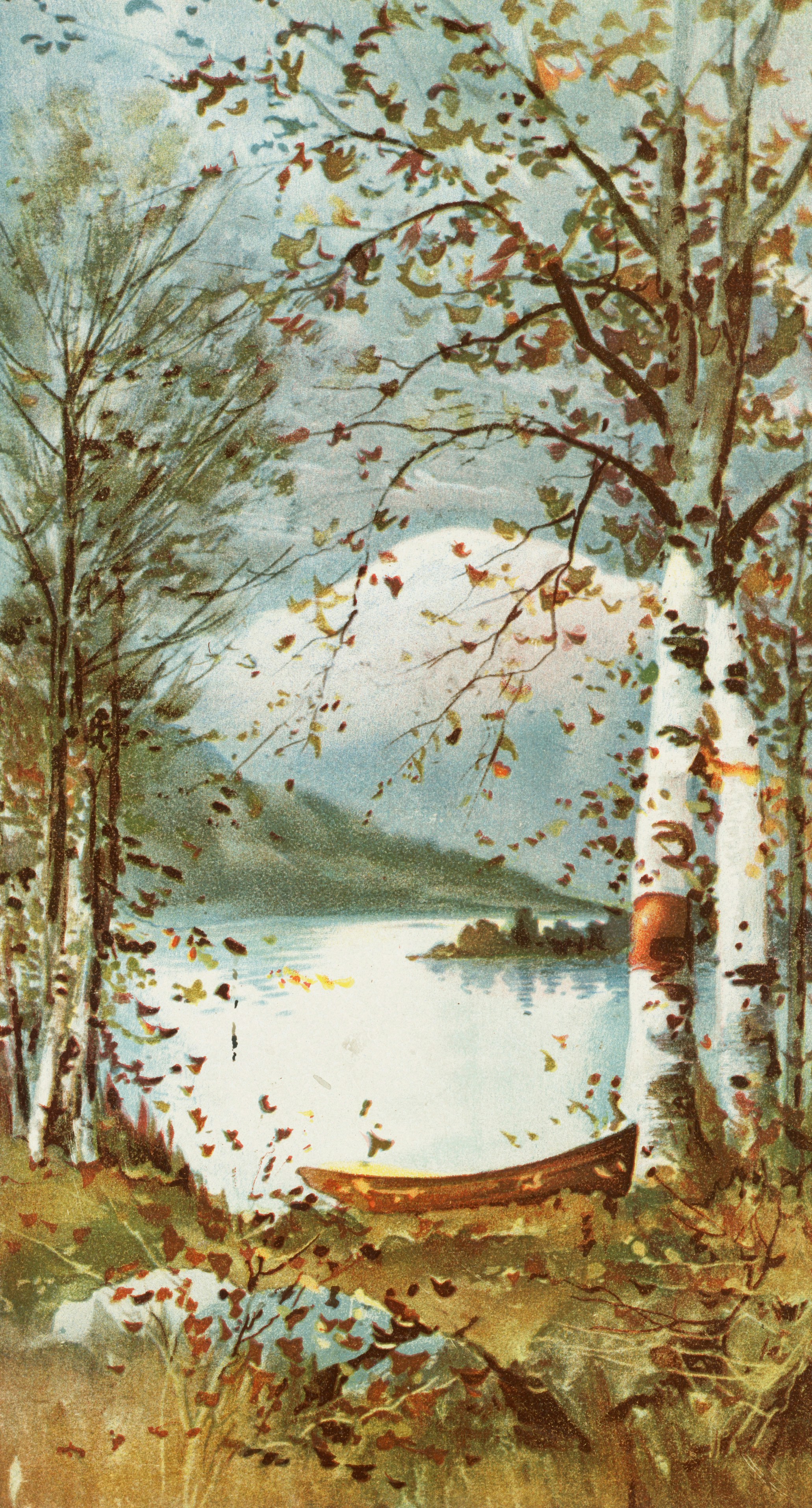 A watercolor-like painting of a lakeside scene with a small boat near the shore, framed by birch trees and drifting autumn leaves.