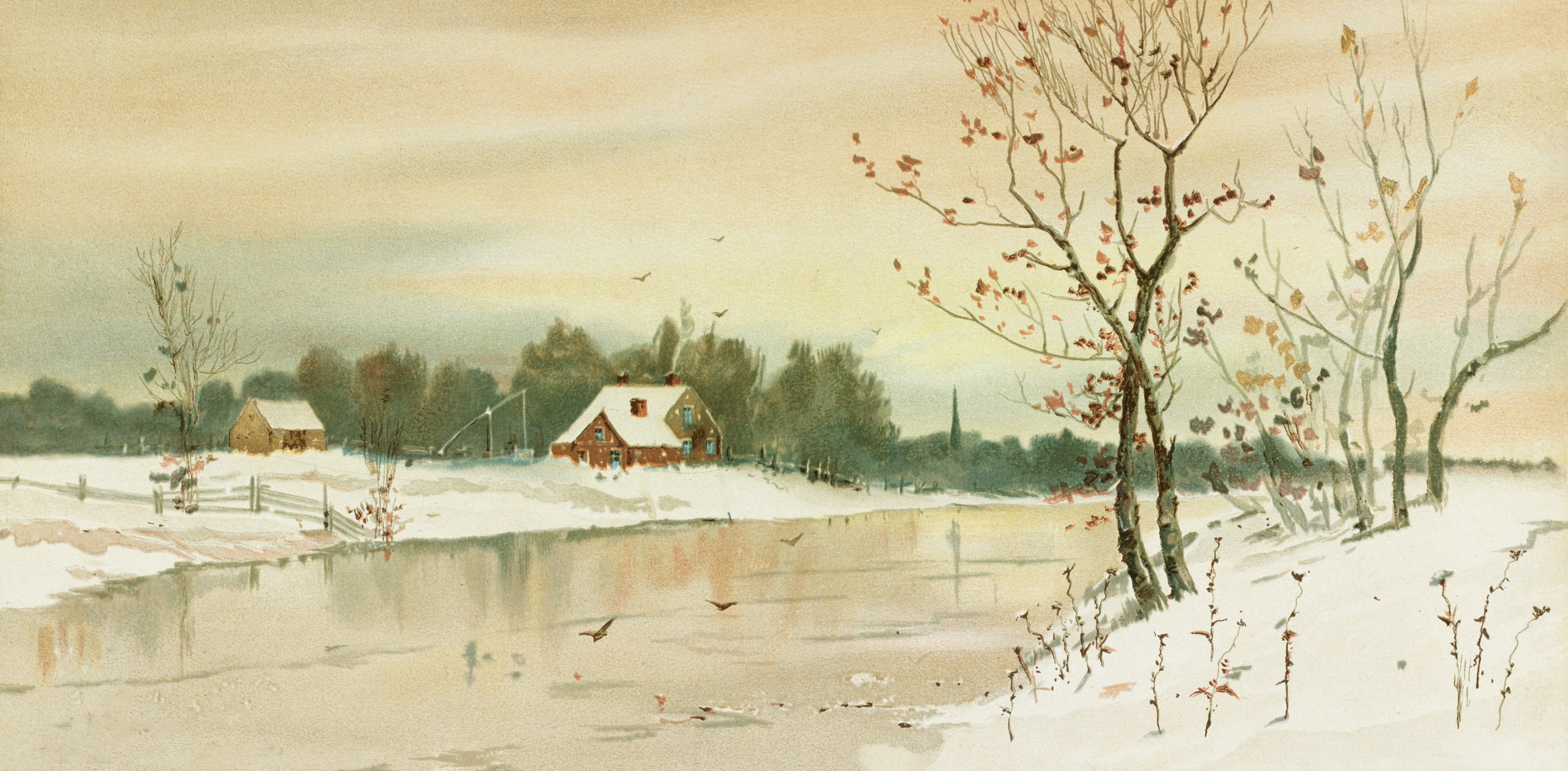 A painting of a winter scene with a pond photo – Free Chromolithography ...