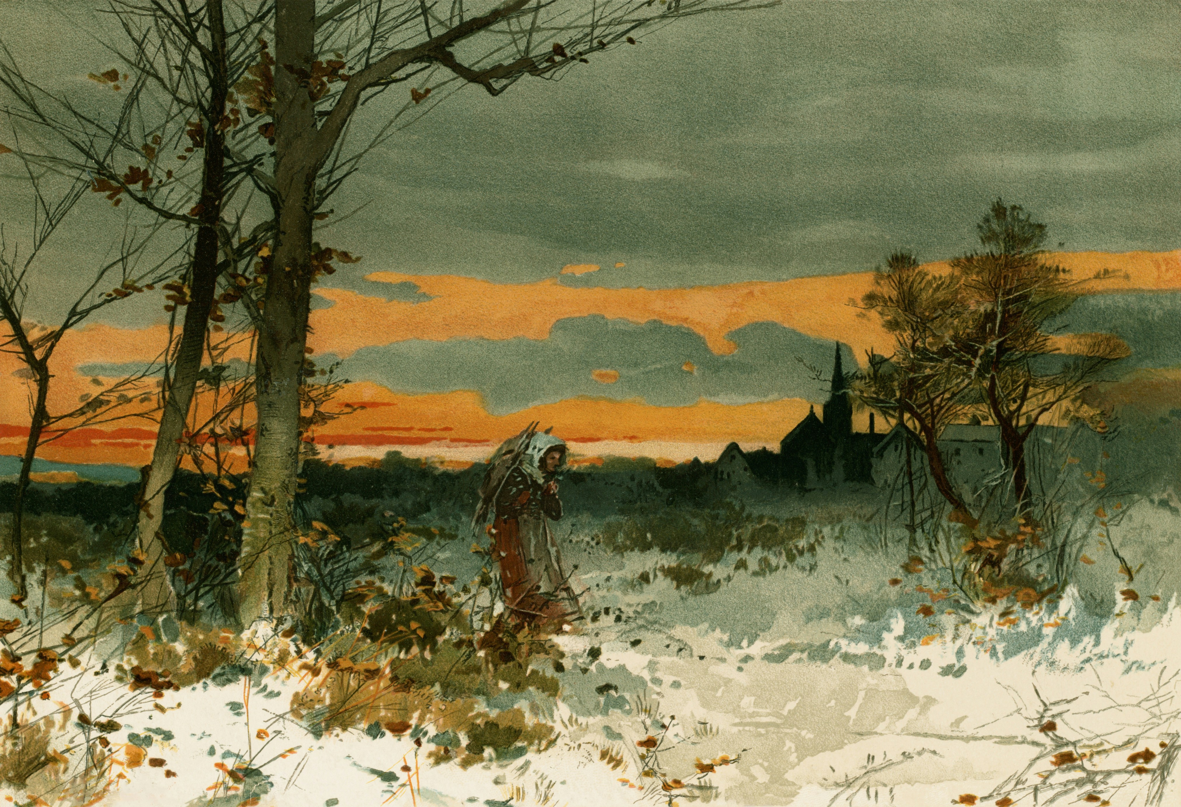 Watercolor painting of a solitary figure in a snow-covered field at sunset, with bare trees and a distant village silhouette.