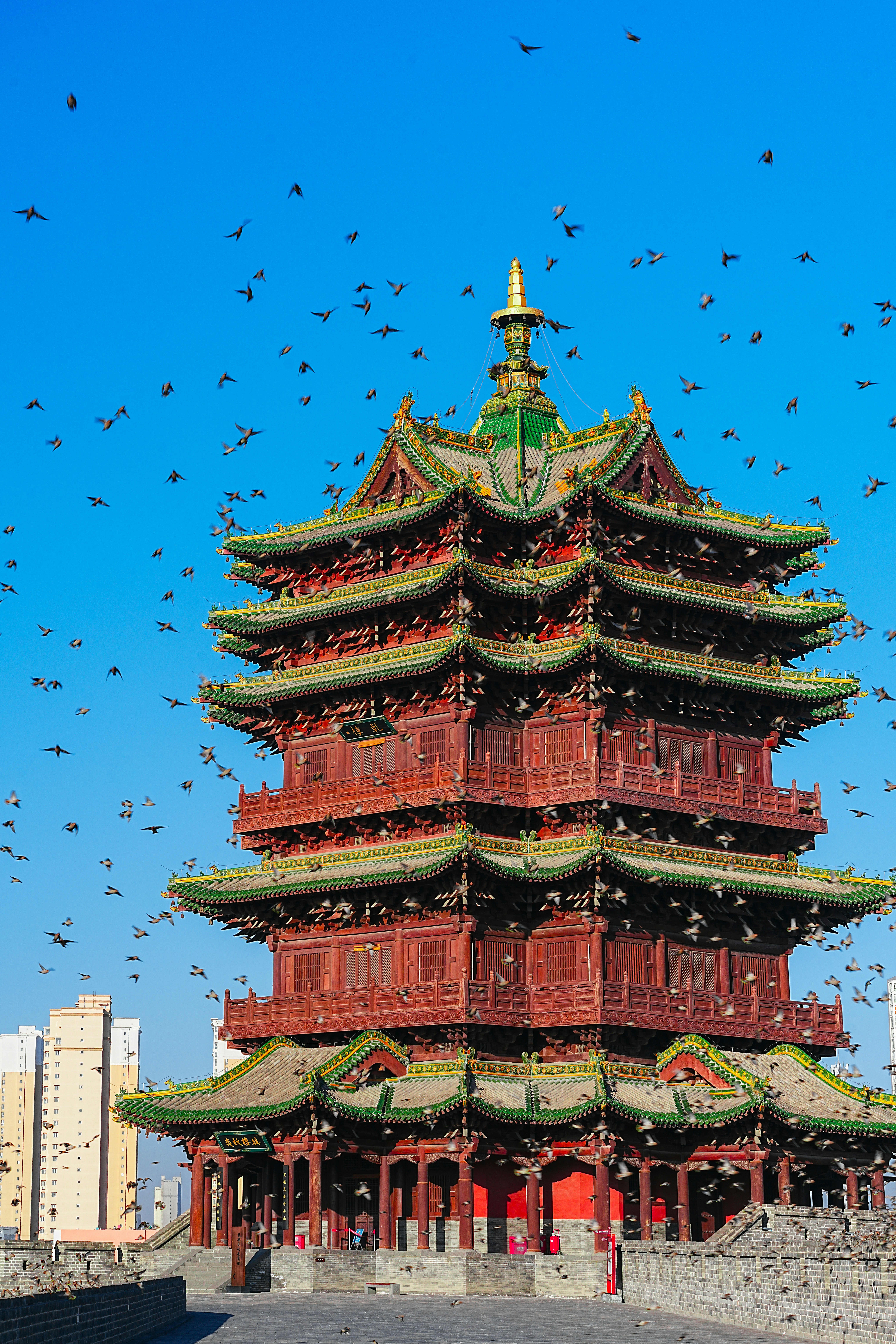 Sunlit, multi-tiered Chinese pagoda with green-tiled eaves rises above a stone platform against a bright blue sky. A flock of swallows fills the air around it.