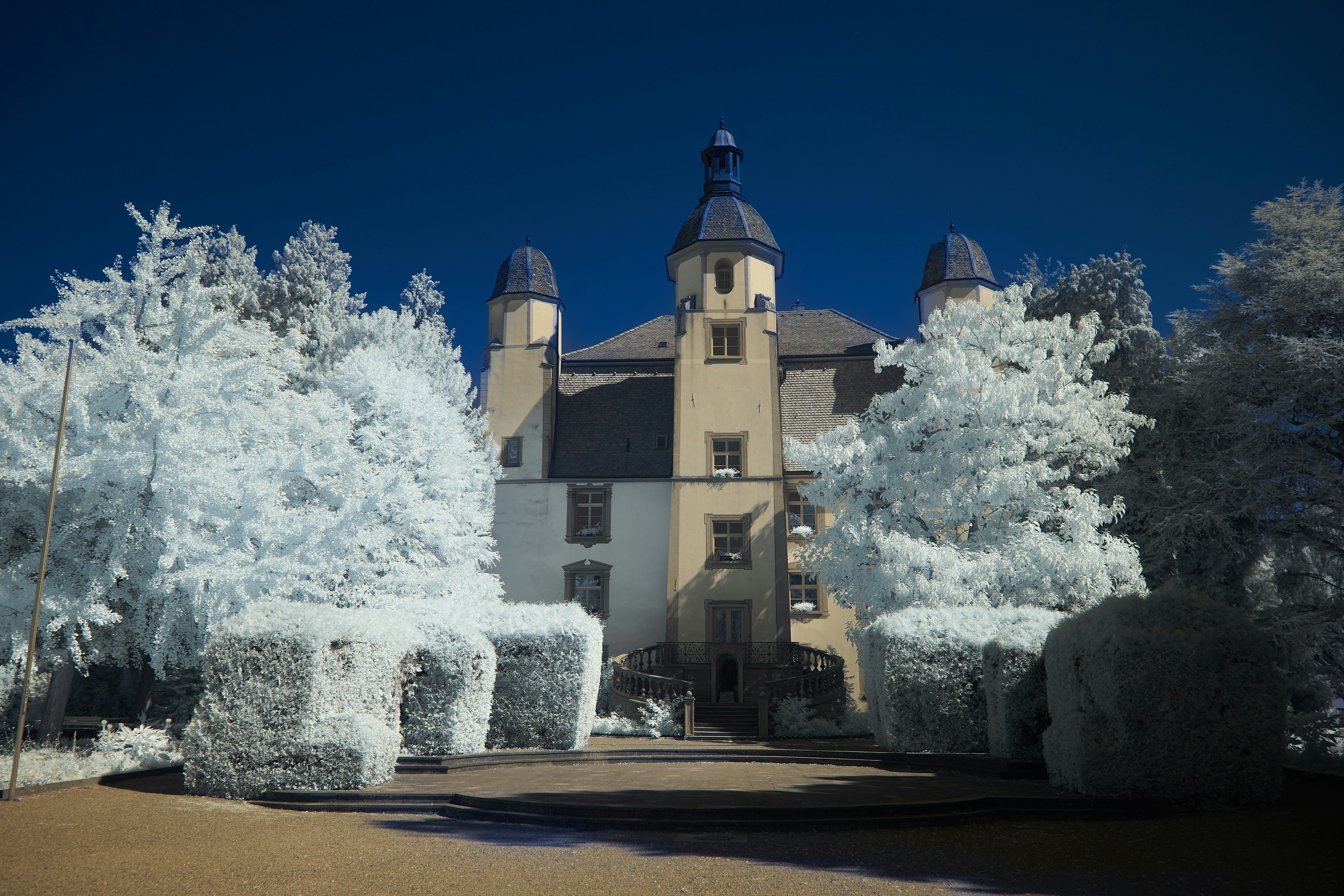 A large white building surrounded by trees and bushes photo – Free ...