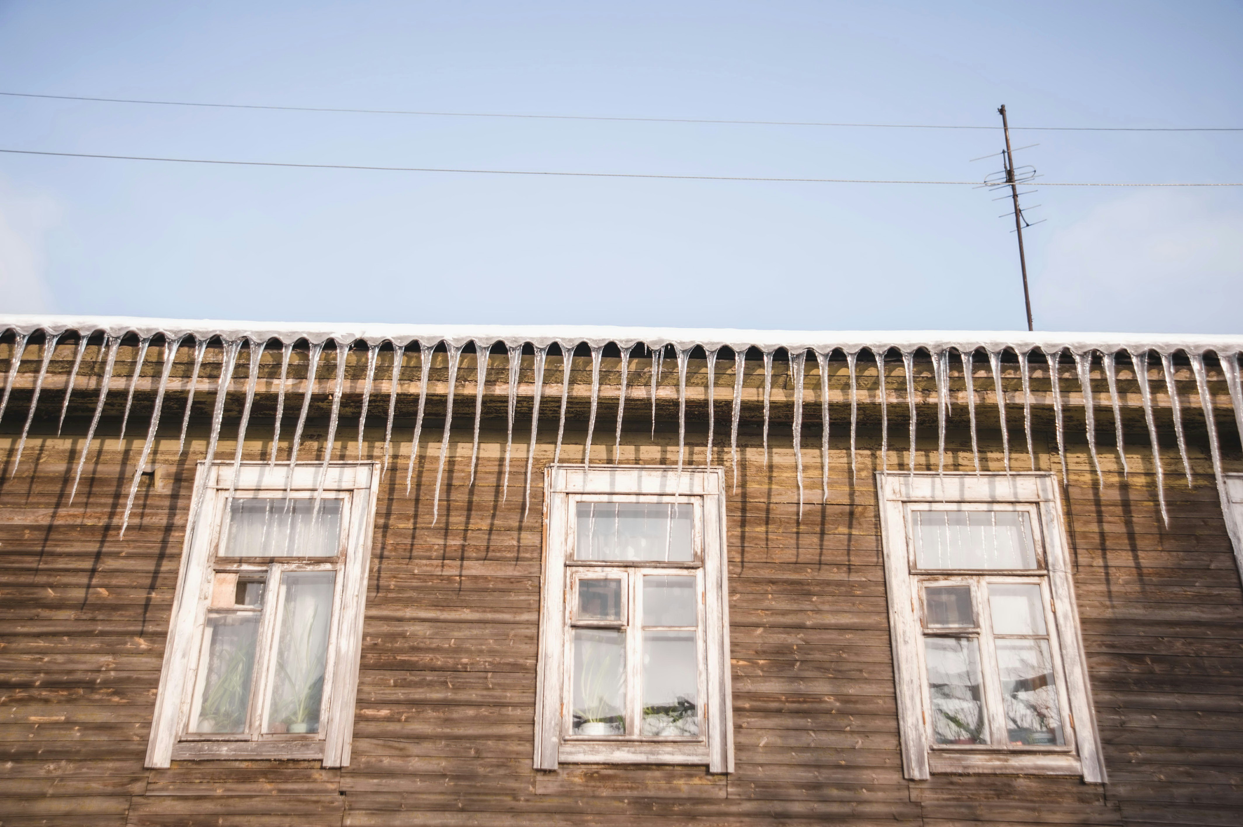 Icicle-Threaded Facade: Three White-Frame Windows in Winter Light