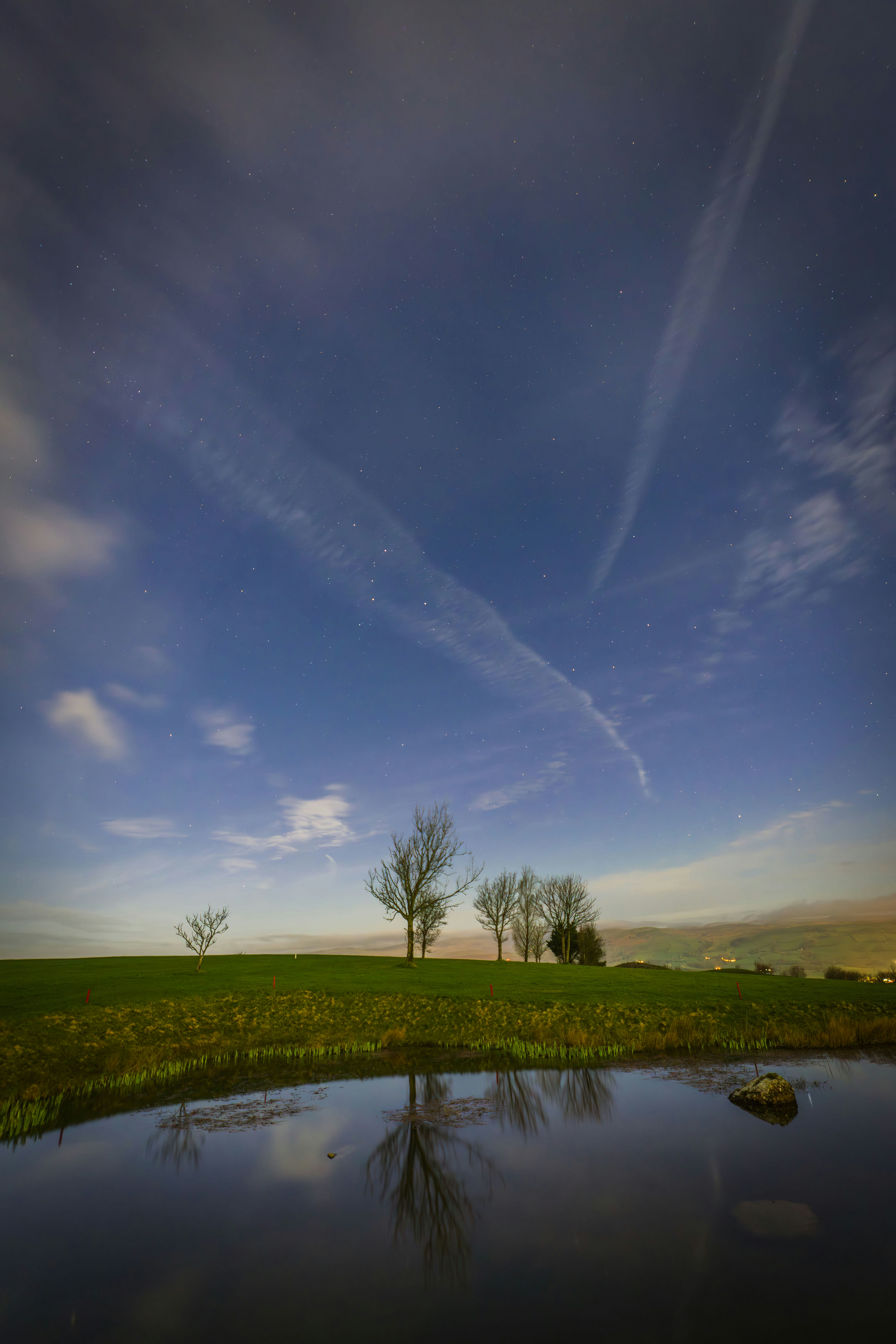 Starry Silence Over the Meadow: Night Sky, Contrails, and Reflected Trees