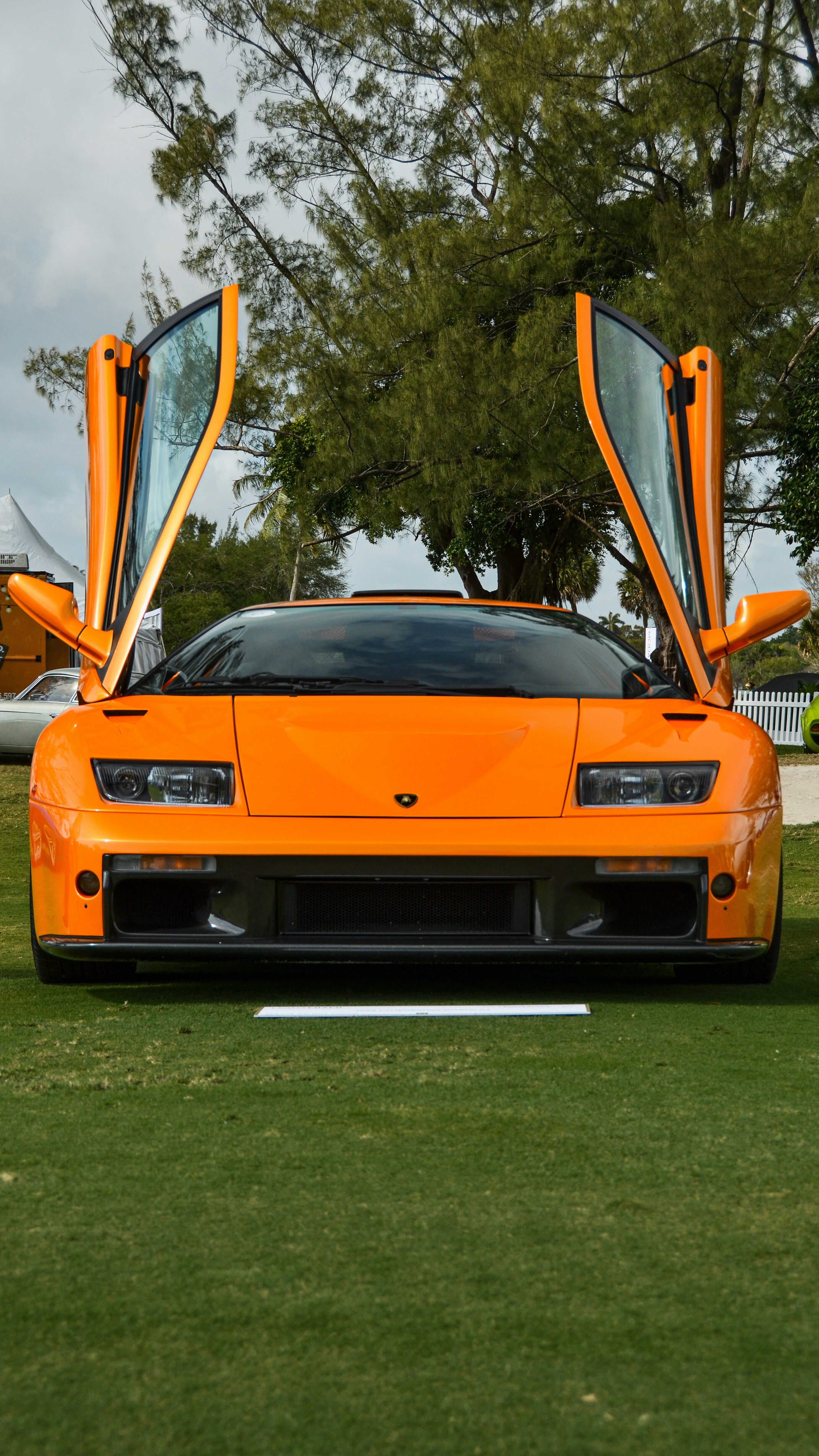 Orange Thunder: Lamborghini with scissor doors at an outdoor car show