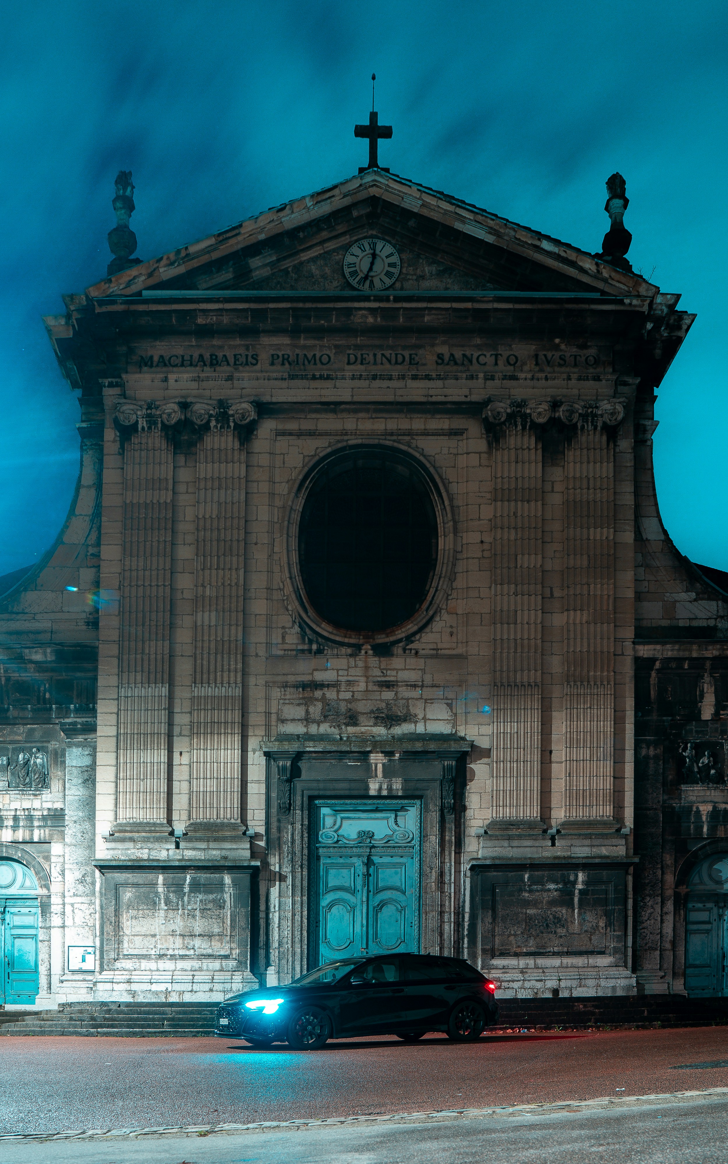 Blue Hour Facade: An Abandoned Church and a Neon-Blue Car