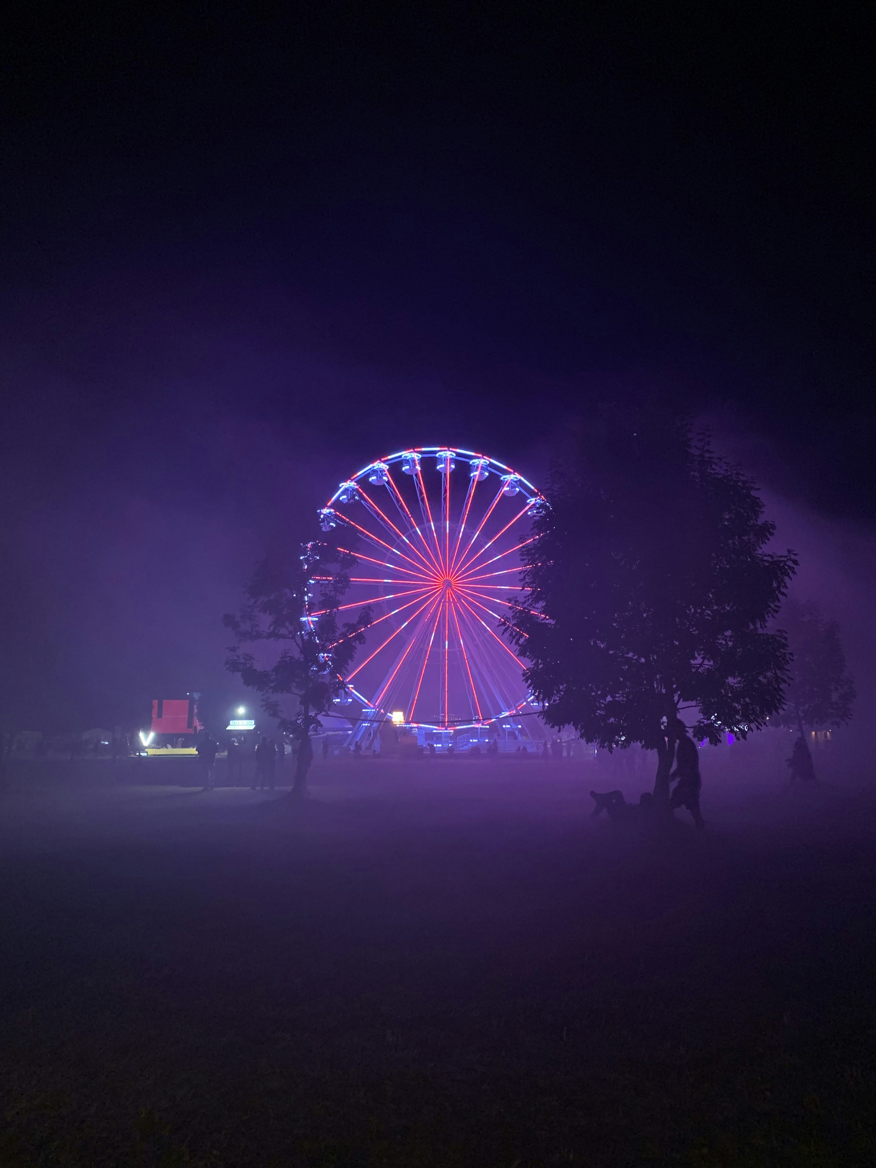 Violet-Fog Night: A Neon Ferris Wheel Glows Through the Park Mist