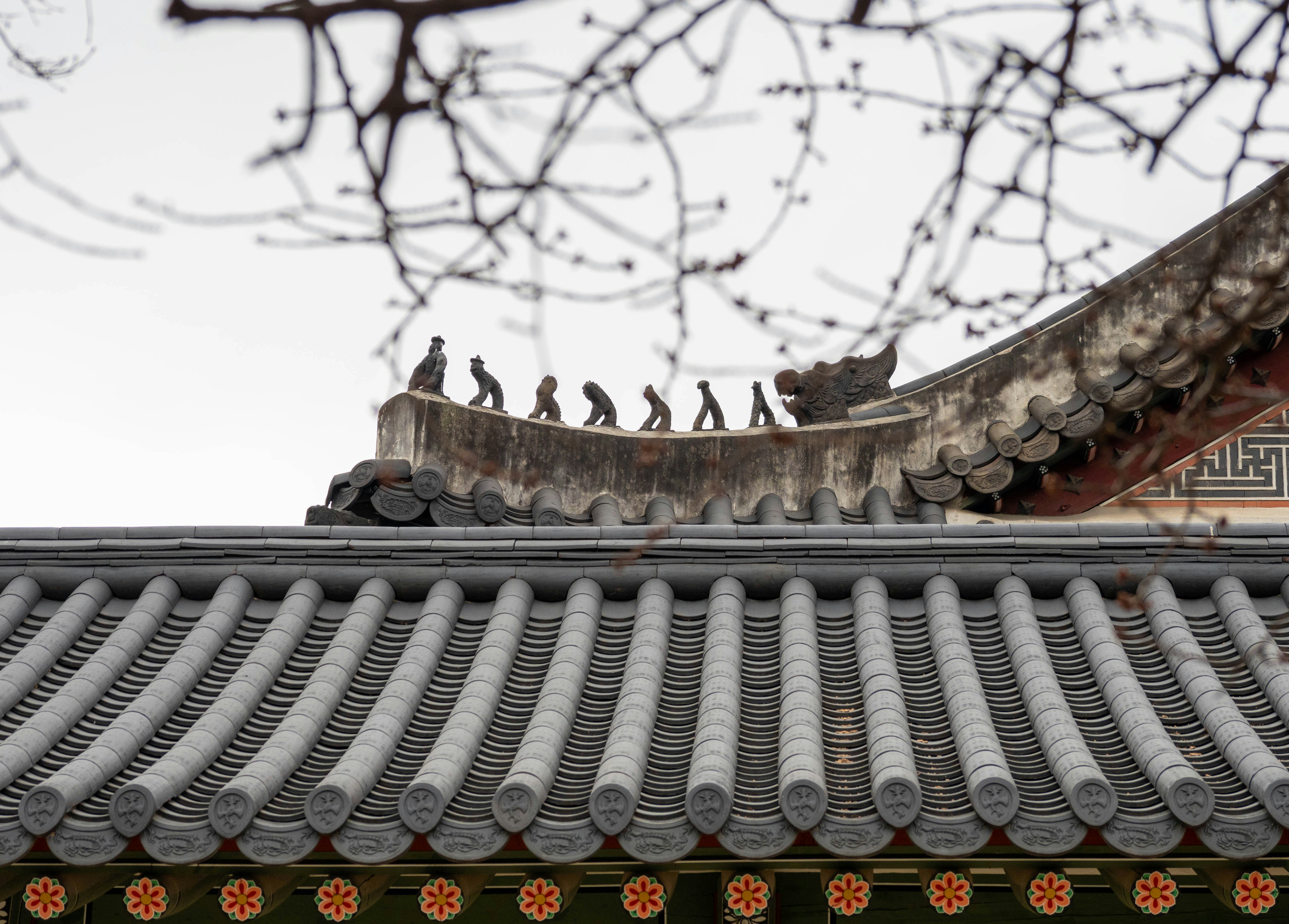 Row of Ember Birds Perched Along a Traditional Roof Ridge