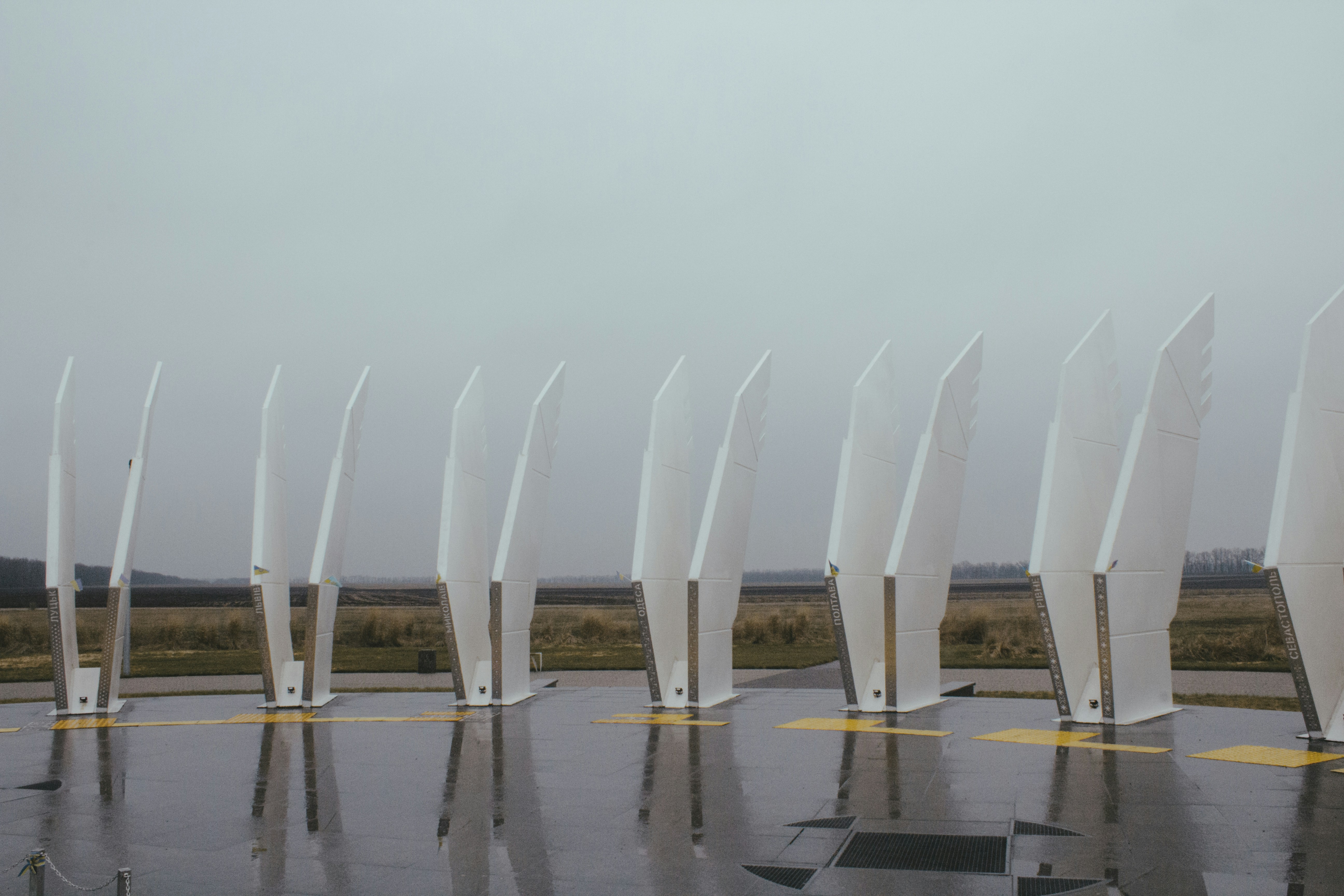 Wind-sculpted blades at a misty runway