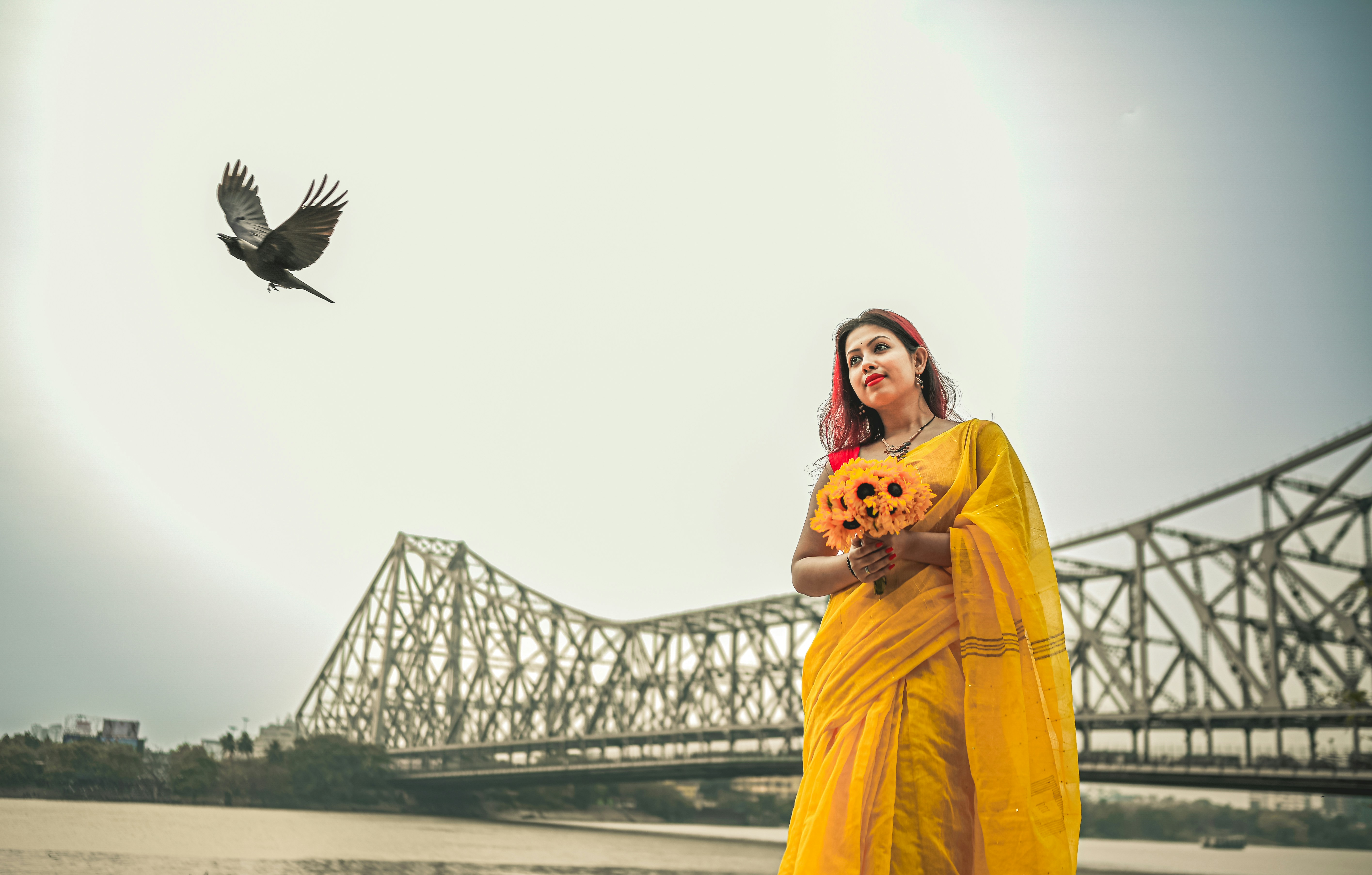A woman in a yellow sari and a bird flying in the sky photo – Free ...