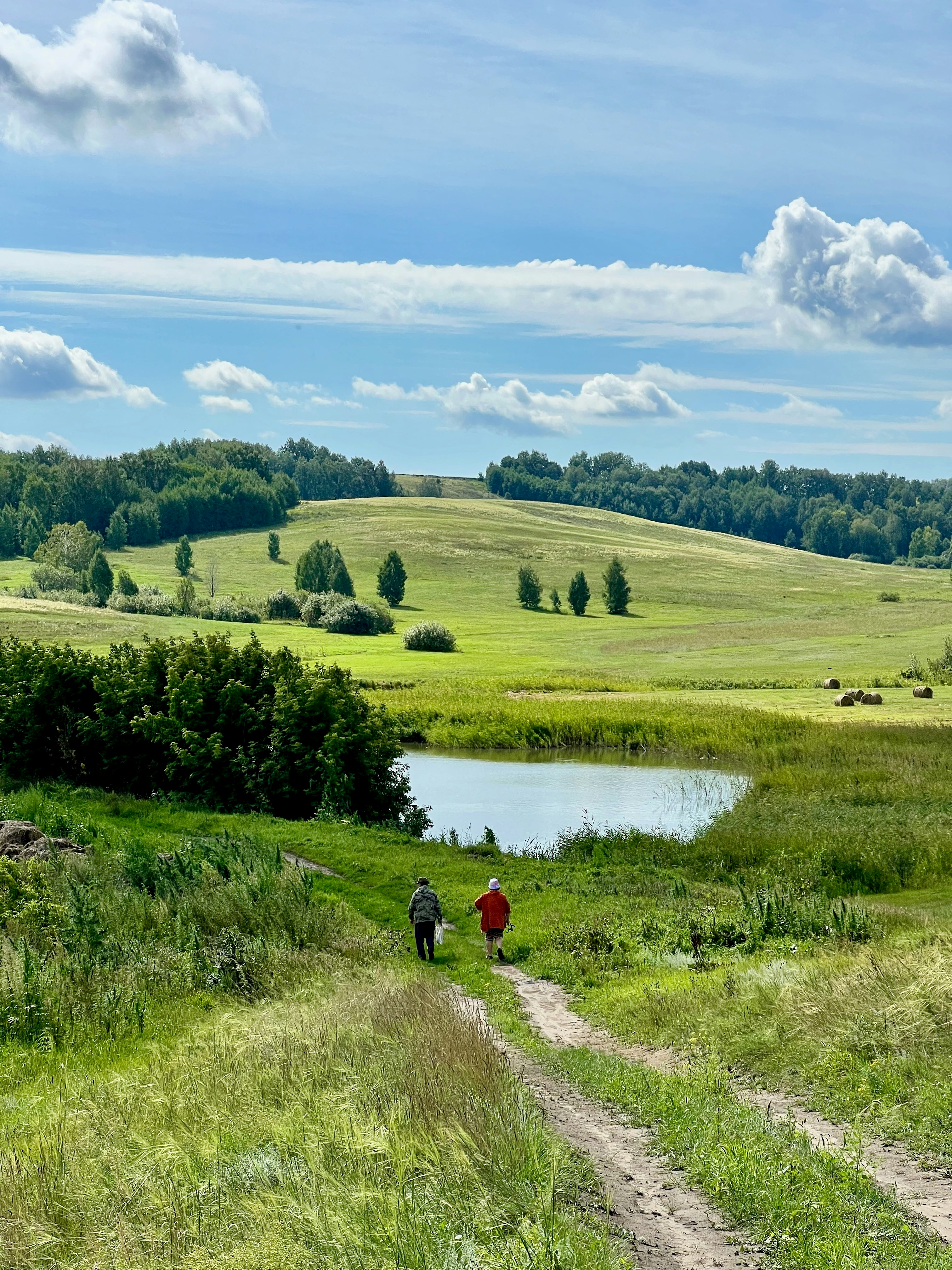Footpath to the Quiet Pond: Two hikers on a sunlit meadow beneath a cloud-streaked sky