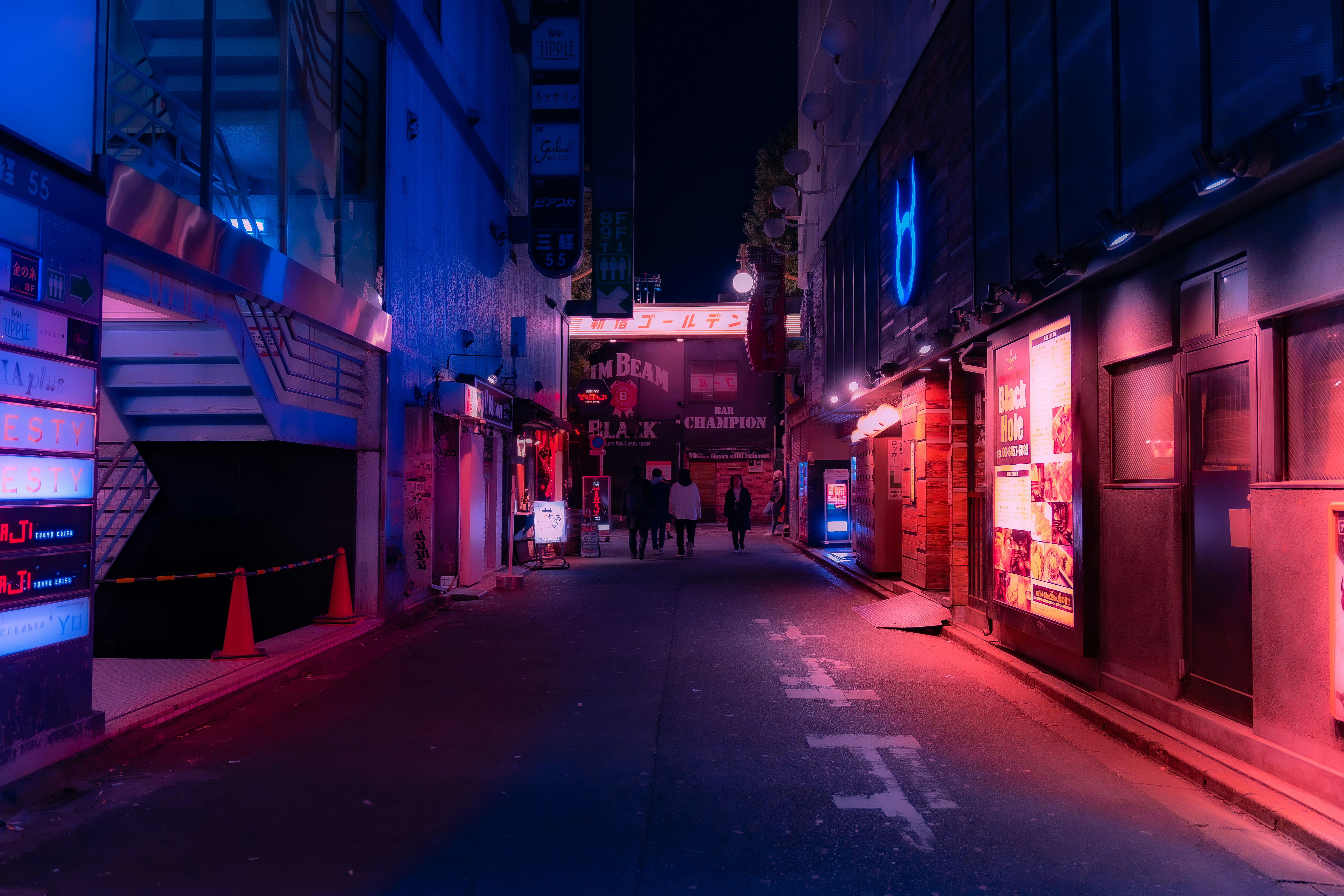 A narrow city street at night with neon lights photo – Free Tokyo Image ...