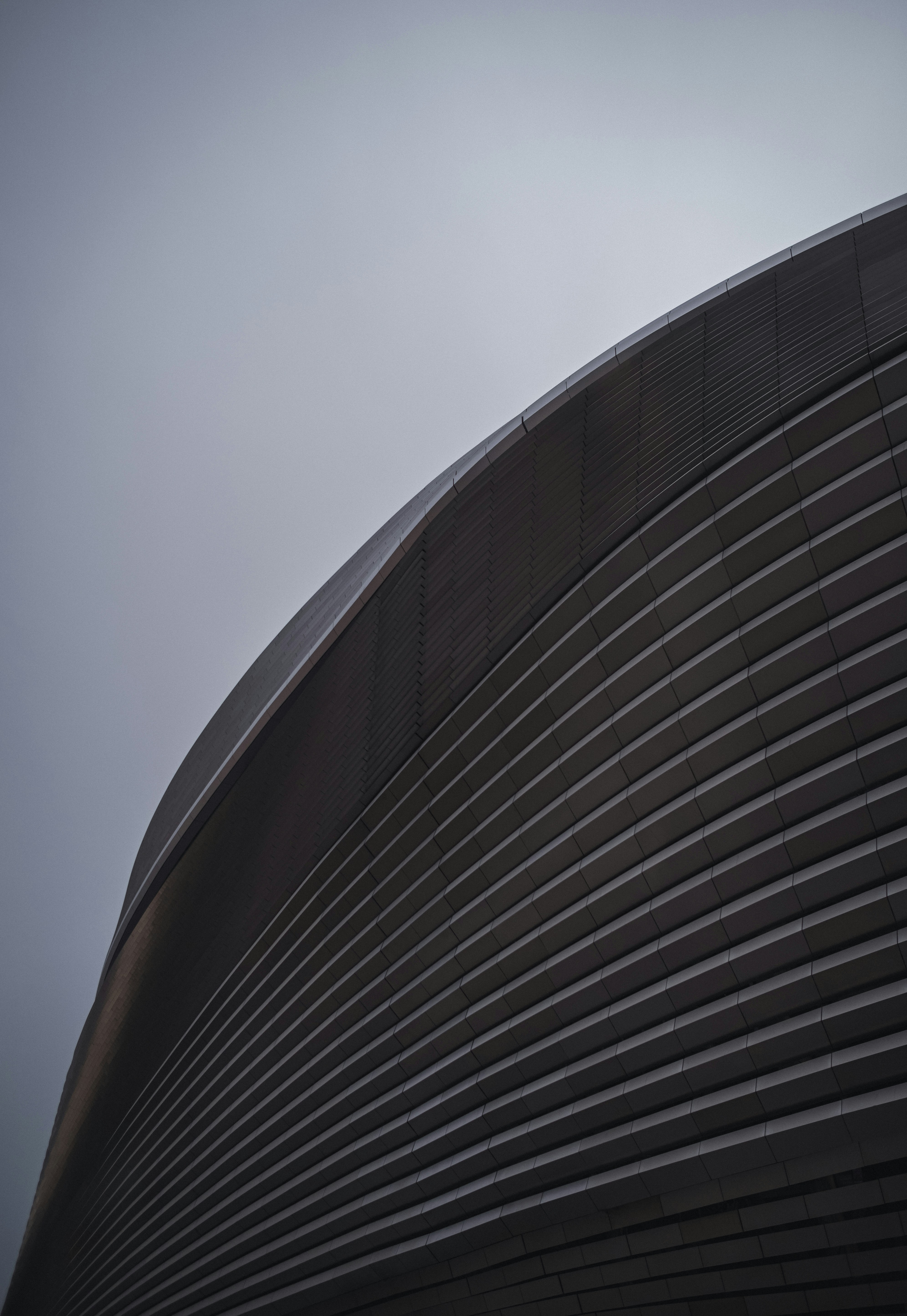 Sleek architectural lines of a building's facade, showcasing a dynamic curvature against a muted sky.