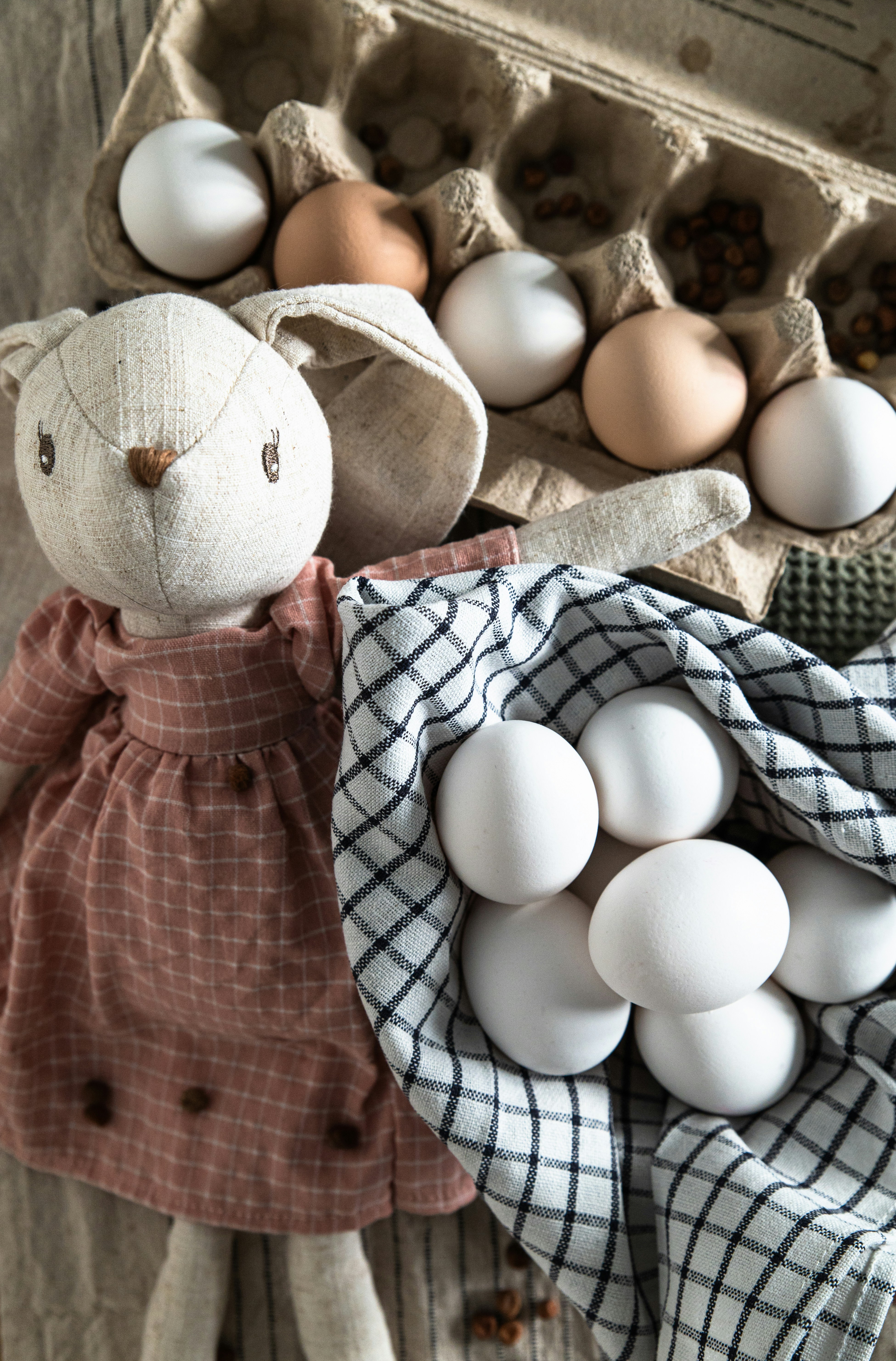 Soft Rivalry: A Toy Bunny Among Eggs in a Rustic Grid