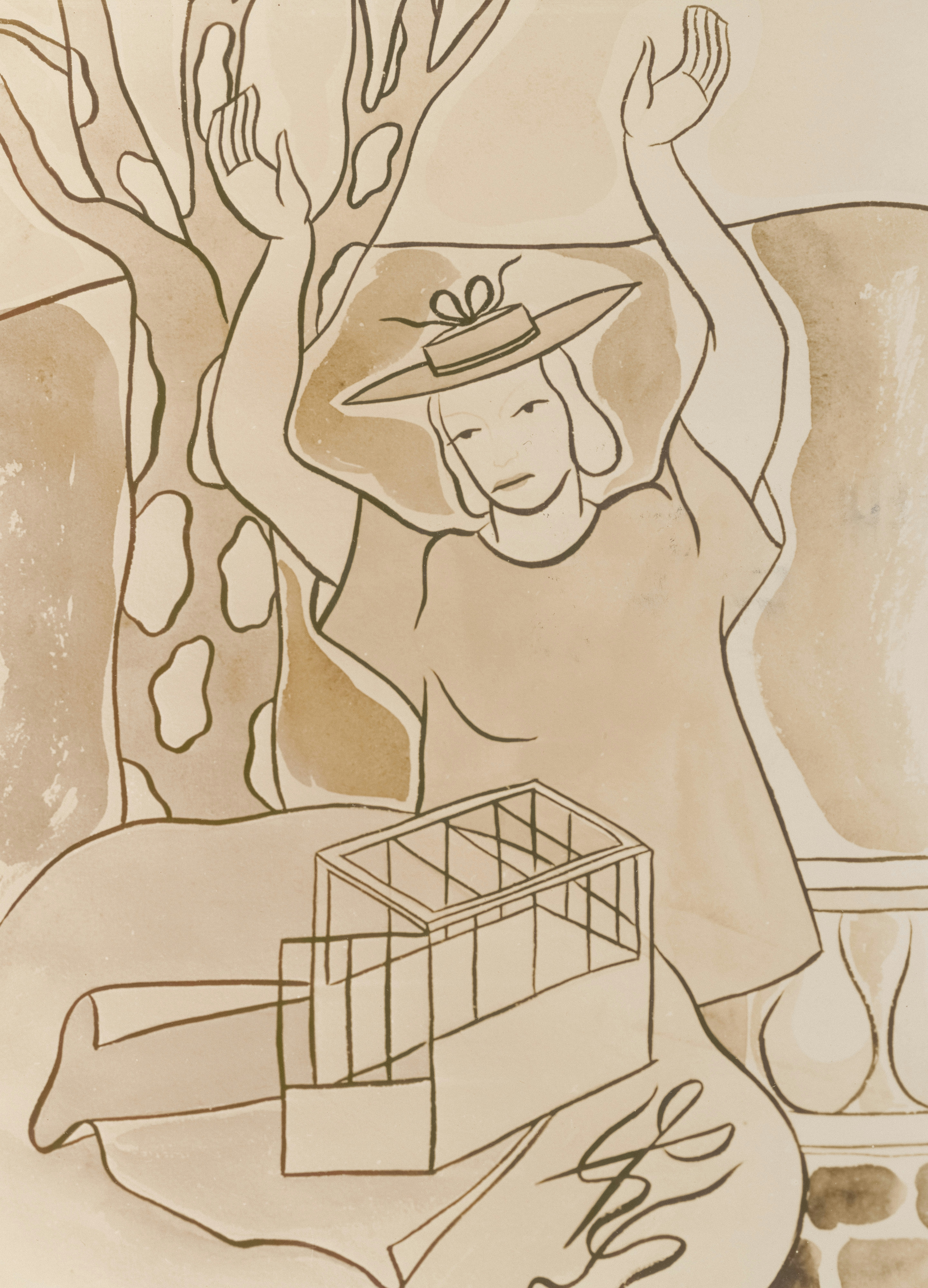 Sepia Lines: Figure in a Hat with Raised Arms and a Geometric Display Crate