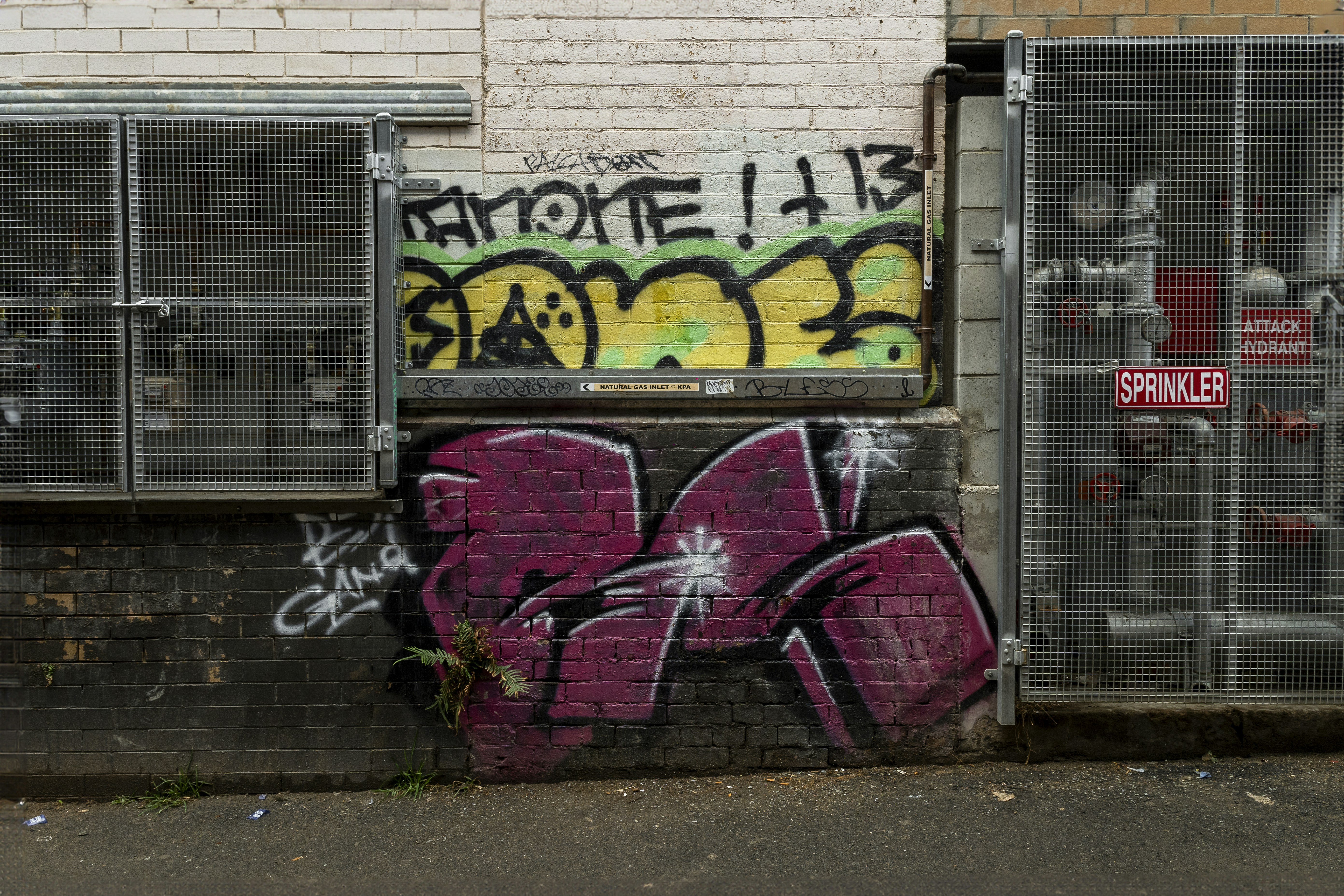 Vibrant graffiti art adorns a brick wall, showcasing a blend of colorful tags and designs. The urban setting reflects a dynamic street culture.