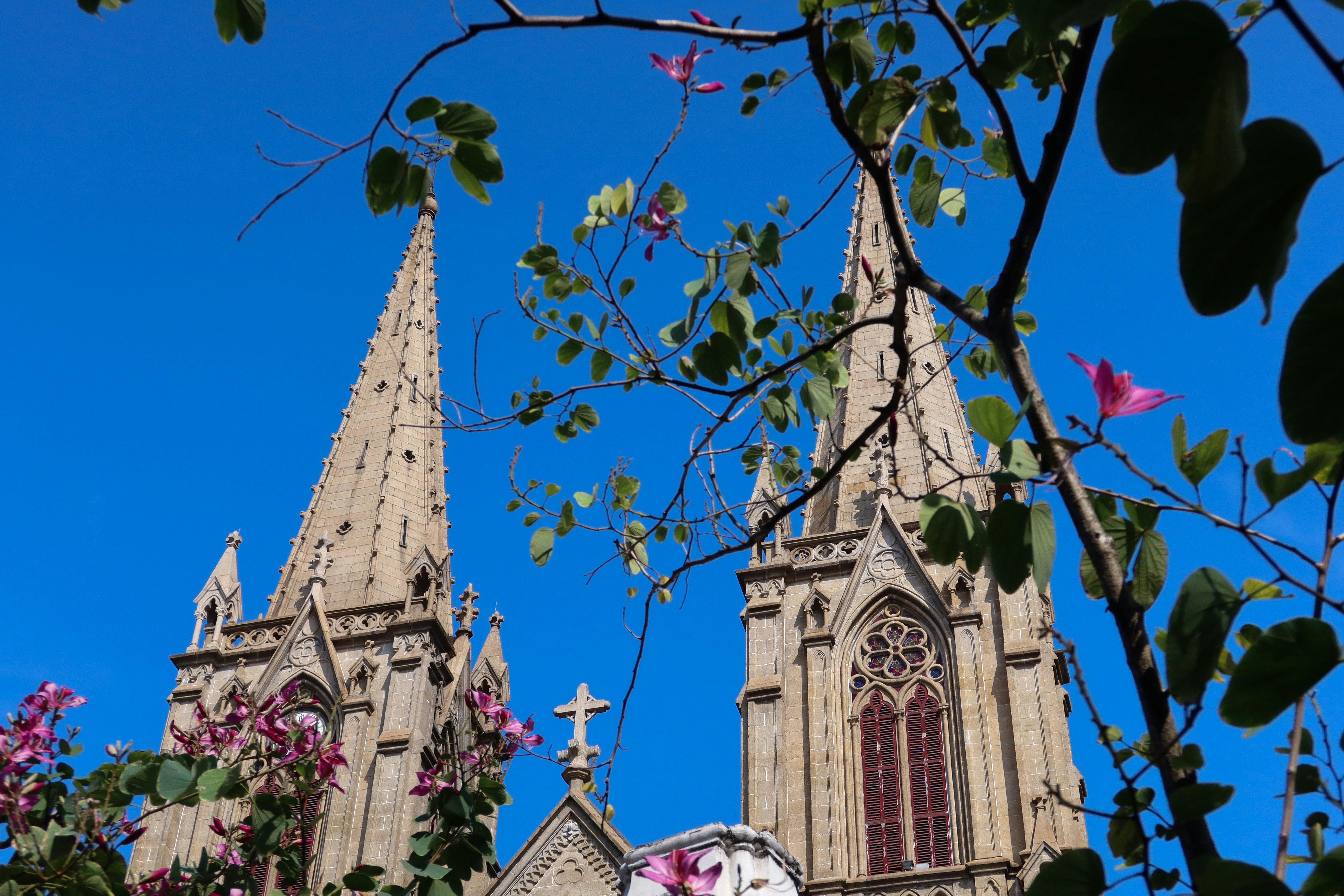 Gothic Spires Reaching Toward a Clear Blue Sky
