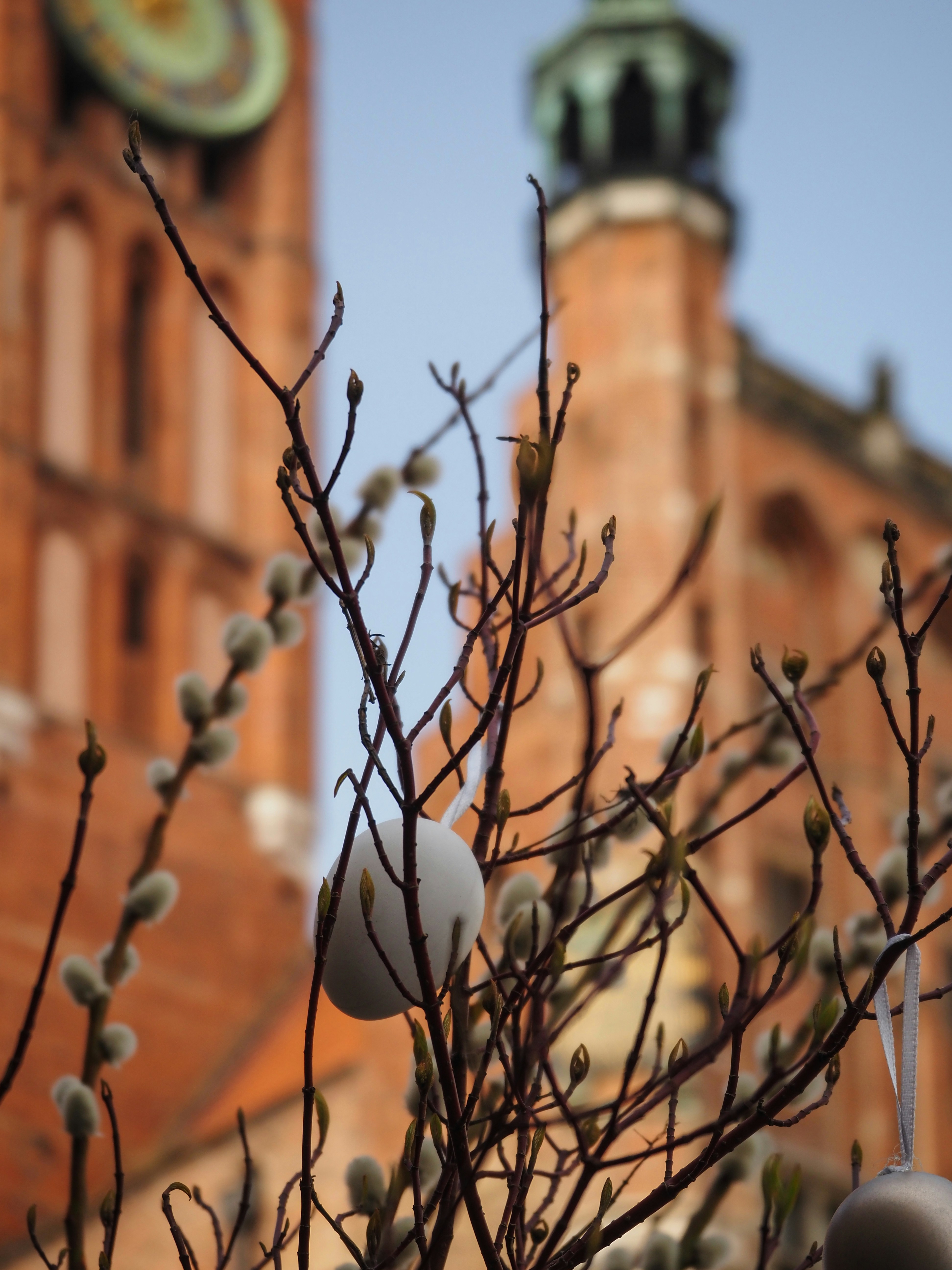 Egg Ornaments in Winter-Bloomed Branches Before a Red Brick Clocktower