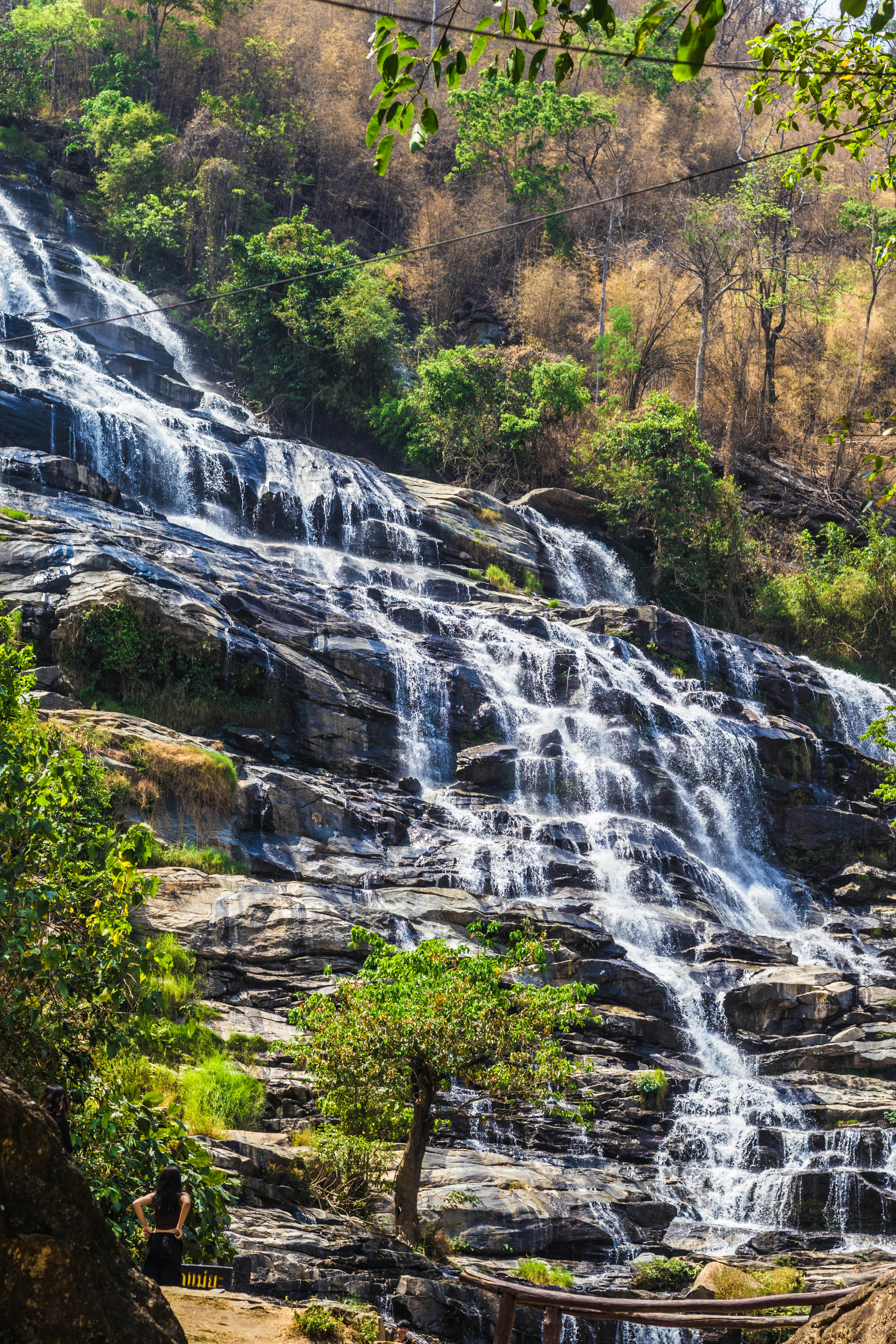Waterfall cascading over rocky terrain surrounded by lush greenery.