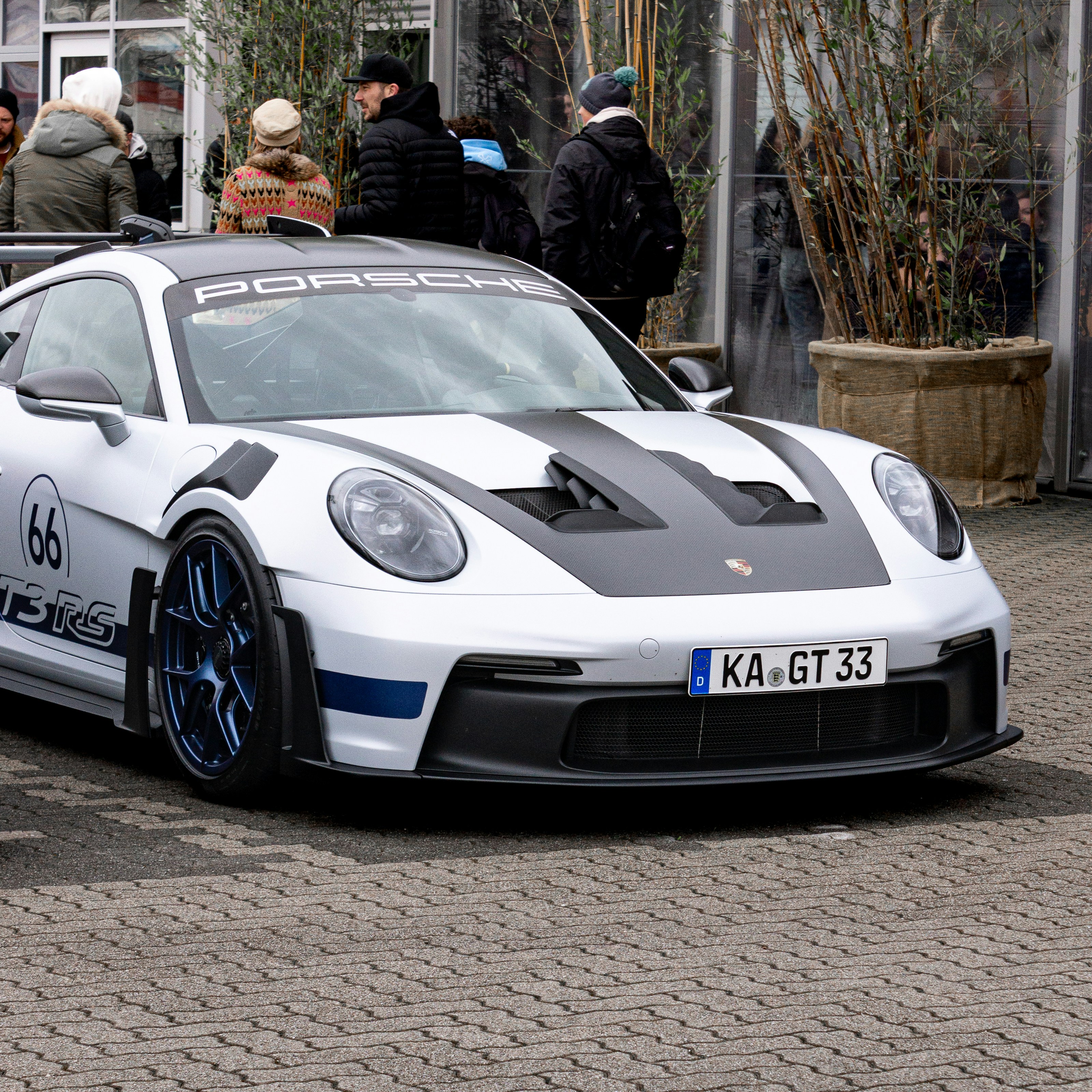 Front-End Focus: White Porsche 911 GT3 RS Anchors a Cobblestone Street Moment