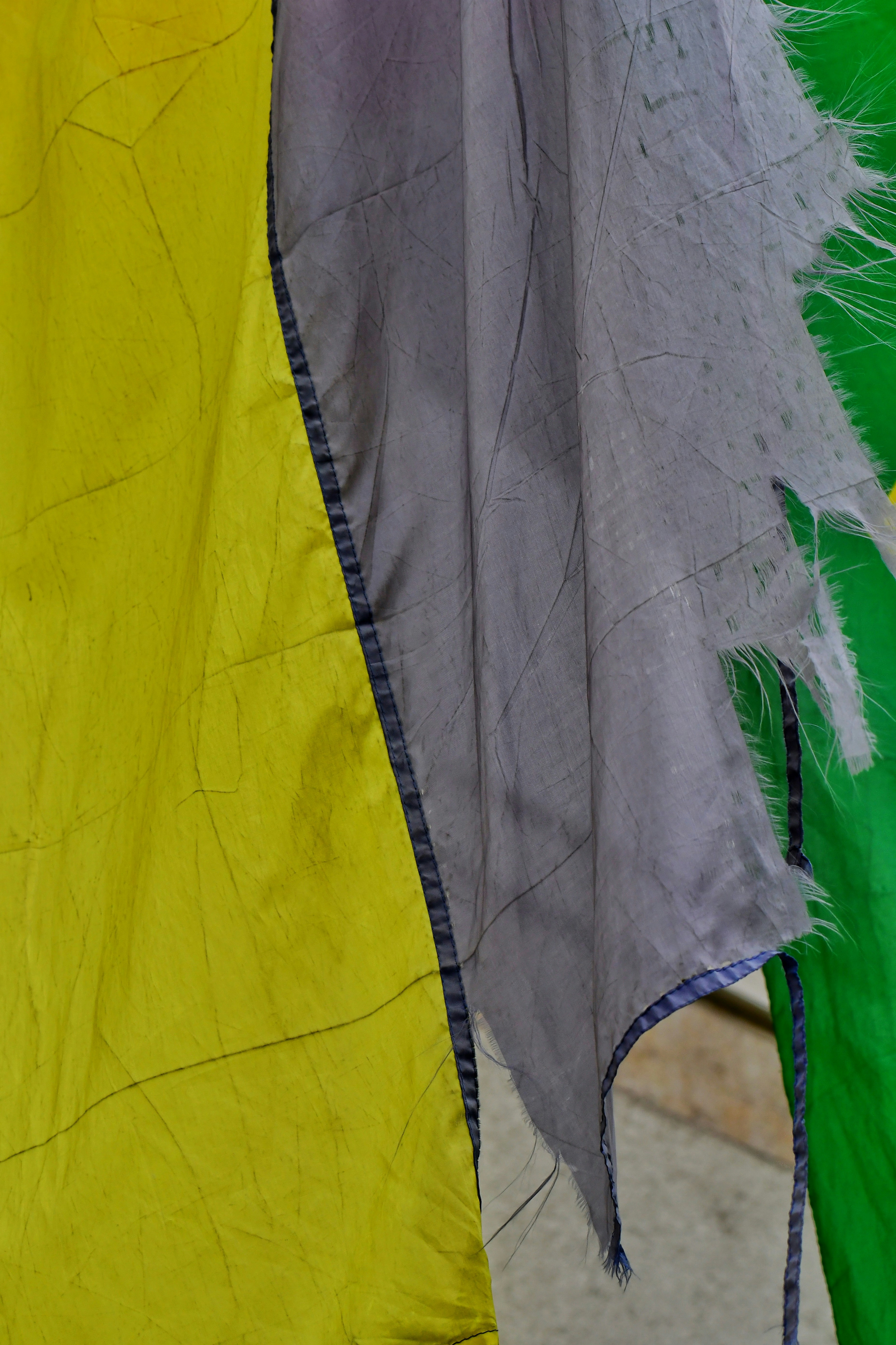 Edgework in Color: Yellow, Gray, and Green Fabric Panels with Frayed Hems