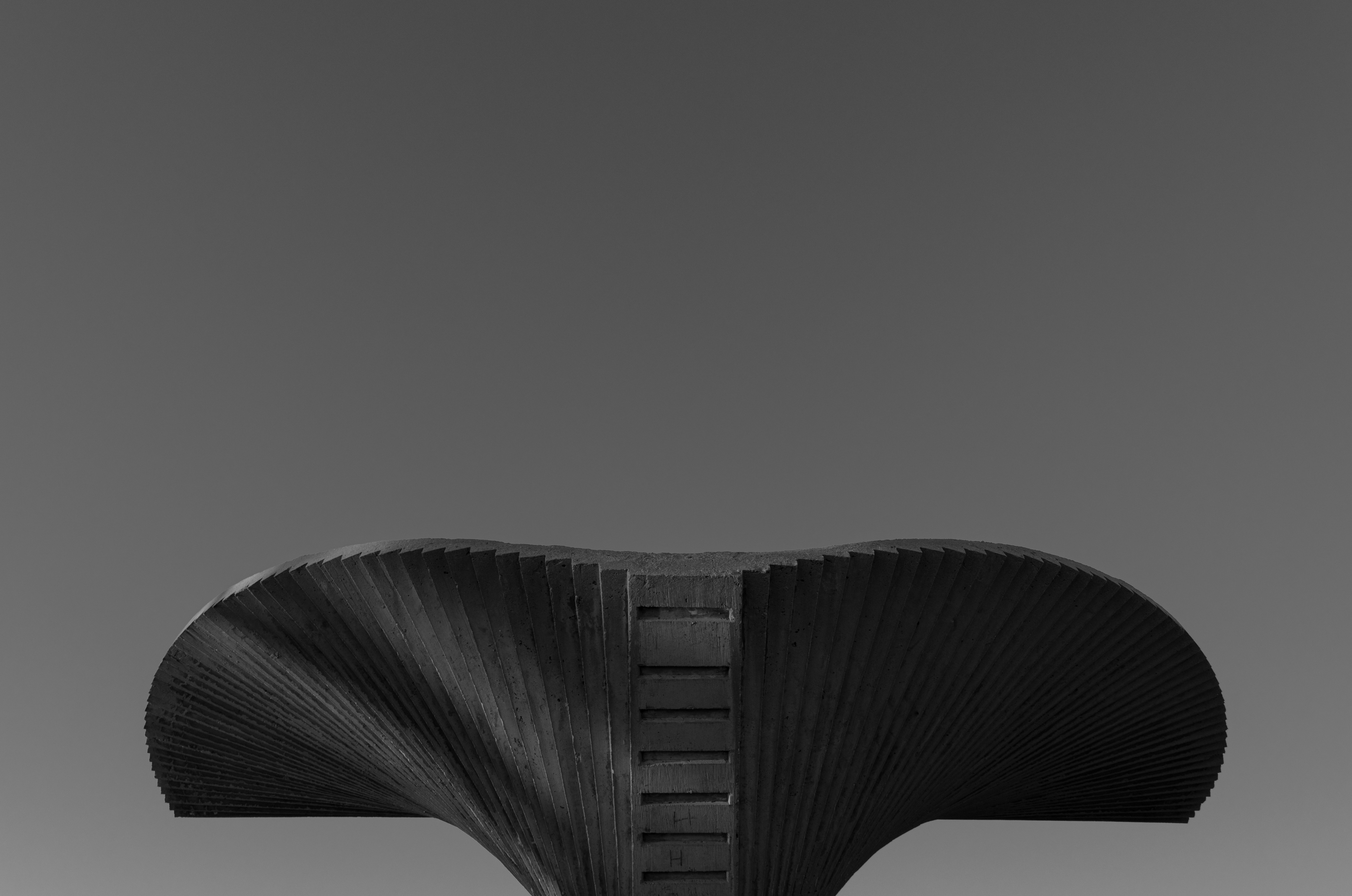 Monochrome Radial Rib: A Grounded Fan Sculpture Against a Quiet Sky